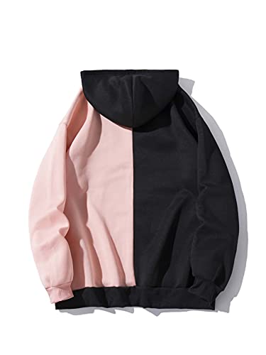 SOLY HUX Men's Casual Colorblock Pullover Fashion Loose Fit Long Sleeve Graphic Trendy Drawstring Hoodie Sweatshirt Black Pink M