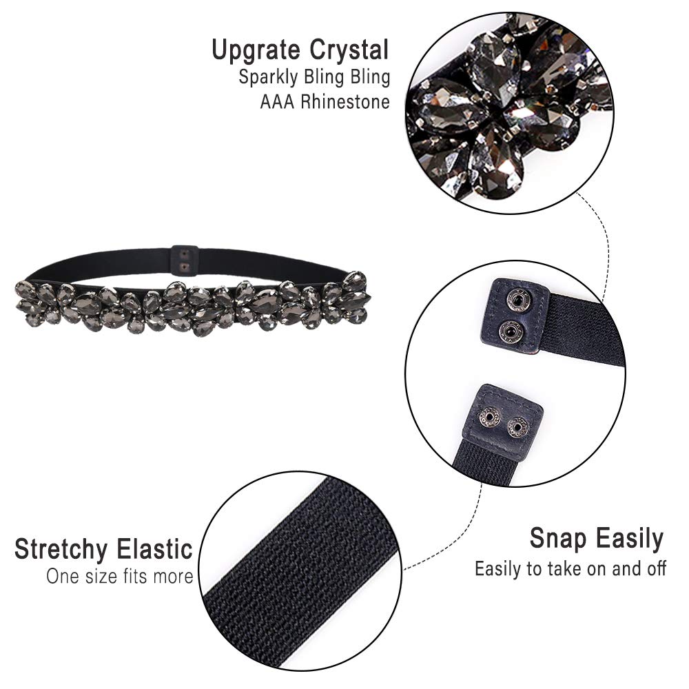 Dorchid Women Rhinestone Belt Crystal Sparkly Elastic Thin Belts for dressy Lady Black L