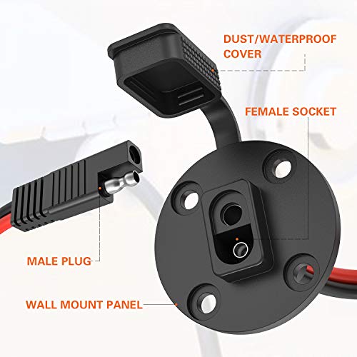 Kohree SAE Power Socket Sidewall Port Connector, 2 Pin SAE Quick Connect Solar Panel Flush Mount Connector Plug Cable Weatherproof 12AWG 13.2" w/ 8 Screws for Solar Generator Battery Charger, 2 Pcs
