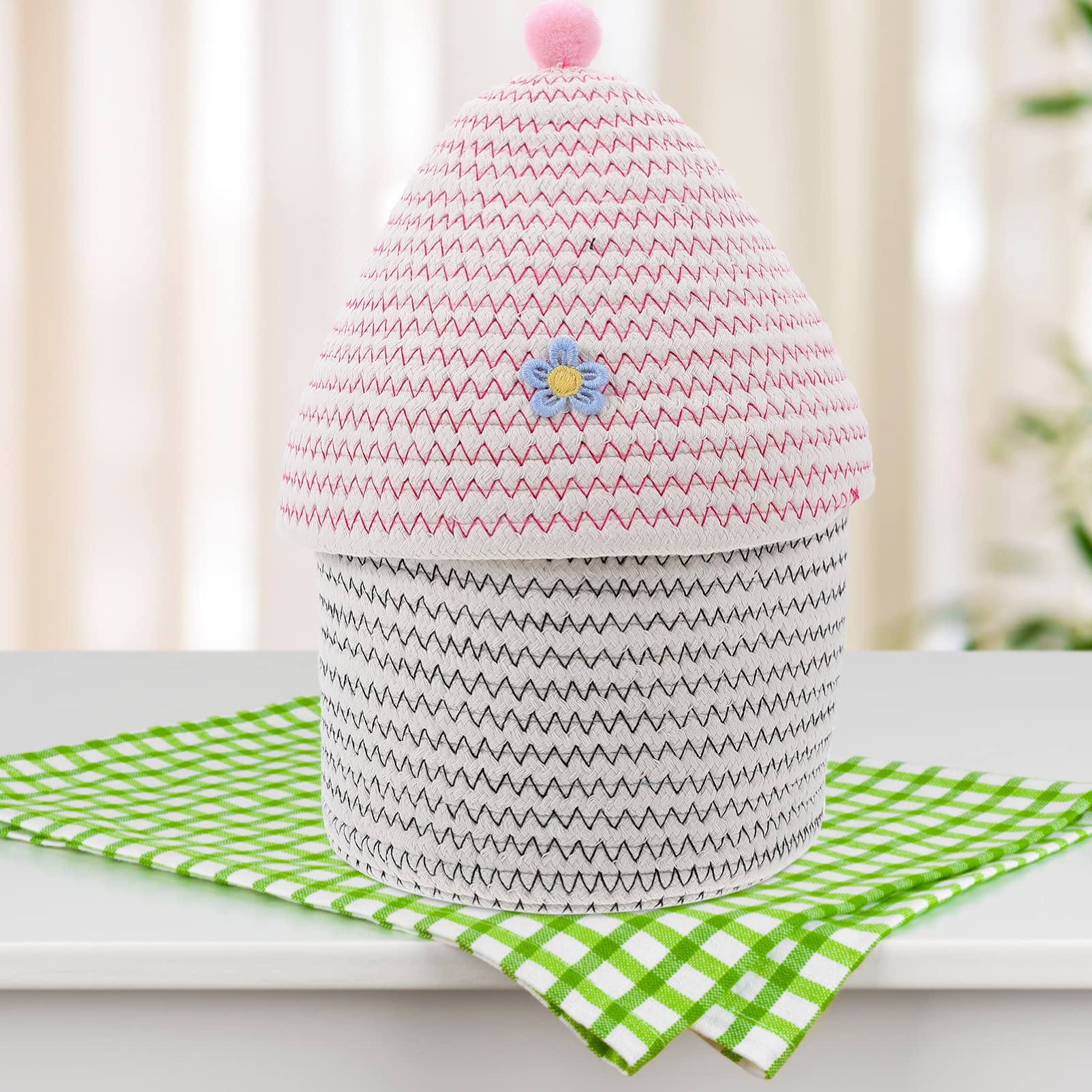 HANABASS Cotton Rope Storage Basket with Lid Small Woven Baskets Cute Toy Storage Basket Mini Storage Bins for Living Room Nursery Bathroom Desk Red