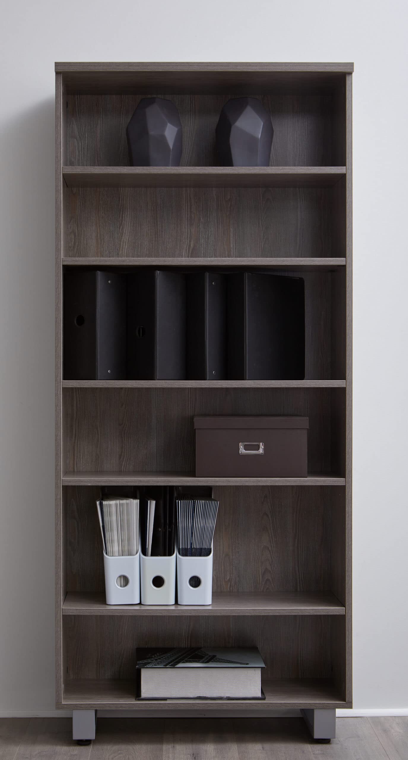 Unique Furniture Modern Zelma 5-Shelf Bookcase with Adjustable Shelves, Metal Frame Base, Freestanding for Office, Living Room, Bedroom, Library, Study Room, 13 x 32 x 72 in., Grey