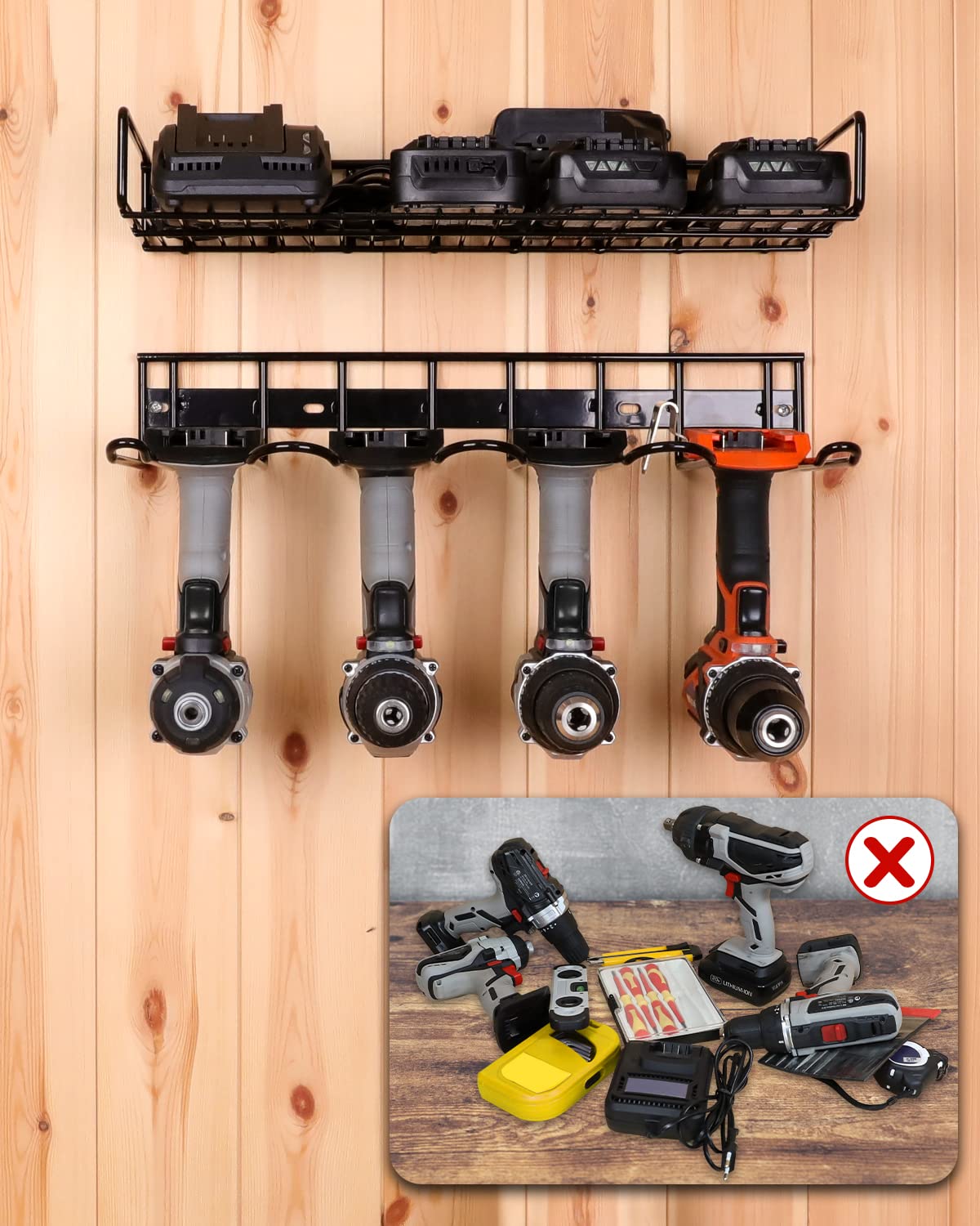 UNITEDPOWER Wall Mounted Power Tool Organizer Holder, Heavy Duty Utility Storage Rack for Battery Powered Hand Tools, Cordless Drill Rack and Tool Shelf Compact Design, Drill Rack With Tool Shelf