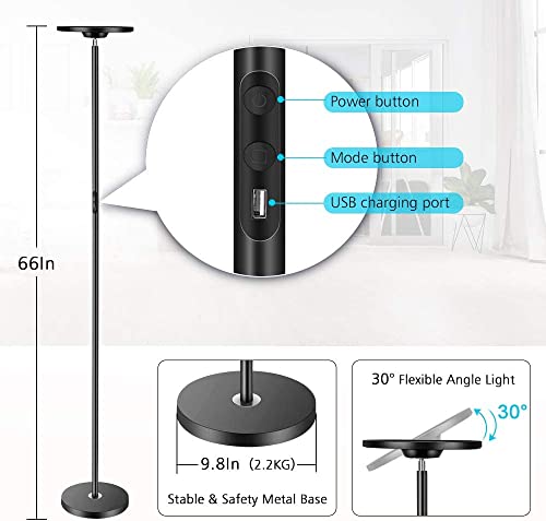 Floor Lamp, Super Bright RGBW Smart WiFi LED Floor Lamp for Reading, Dimmable Torchiere, for Living Rooms Bedrooms, for DIY, Compatible with Alexa & Google Home, Black, 25W