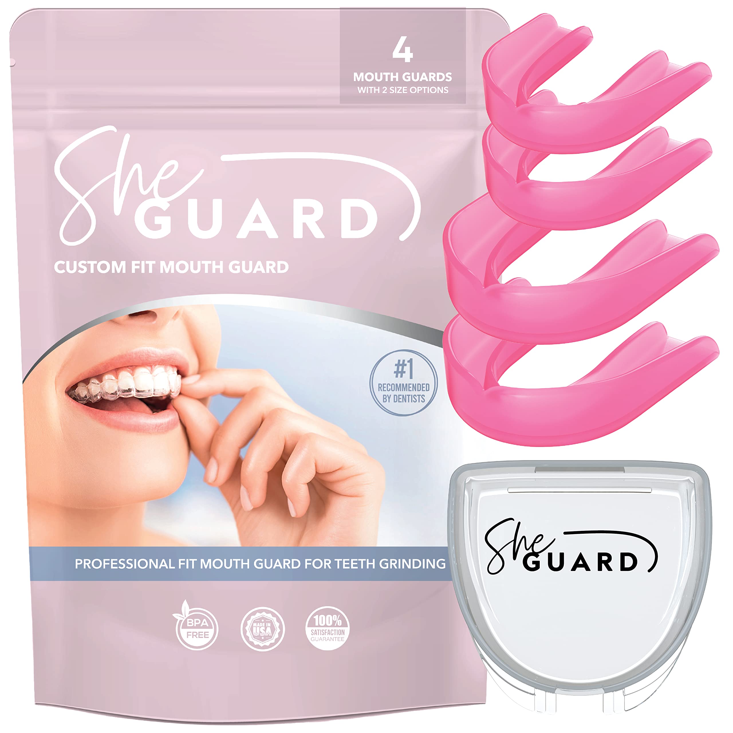 Mouth Guard - Pack of 4 Moldable Mouth Guards (Pink) for Clenching Teeth at Night, Grinding, and Bruxism - 2 Sizes includes Ventilated Storage Case