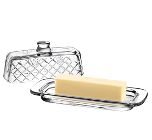 Royalty Art Glass Butter Dish with Lid, Single Stick Container with Handle Cover, Rustic Farmhouse or Vintage Boho Kitchen Accessory, Clear
