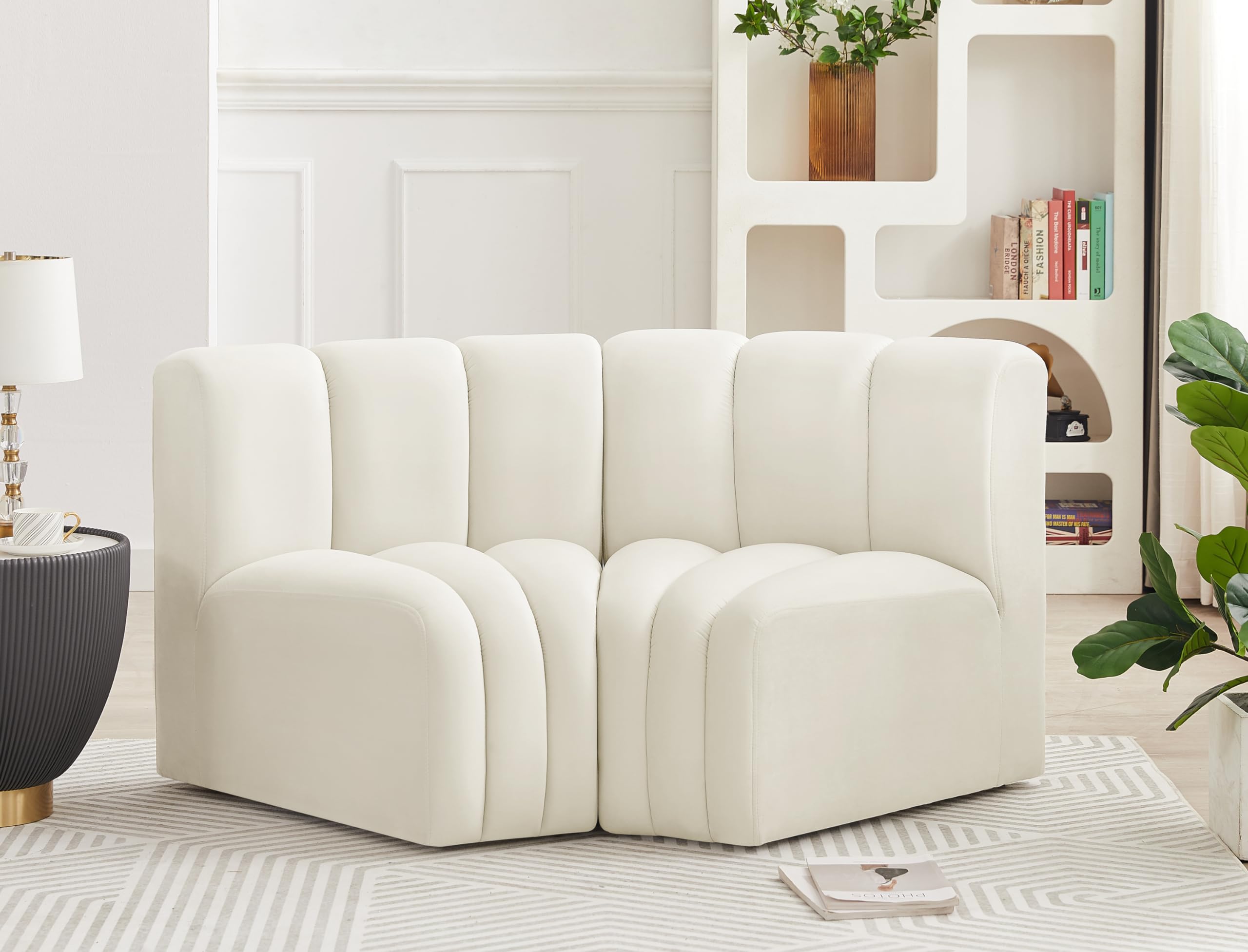 Meridian Furniture 103Cream-S2B Arc Collection Modern | Contemporary Modular Sofa with Soft Cream Velvet, Deep Channel Tufting, Modular Design, 60 W x 33 D x 30 H, Cream