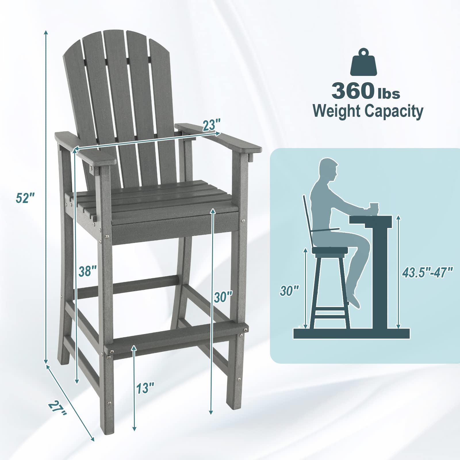 ORALNER Tall Adirondack Chairs, Outdoor High Back Balcony Chair, Weather Resistant HDPE Resin Plastic Bar Height Stools, 360 LBS Lifeguard Chair for Pool Patio Deck Backyard (1, Grey)