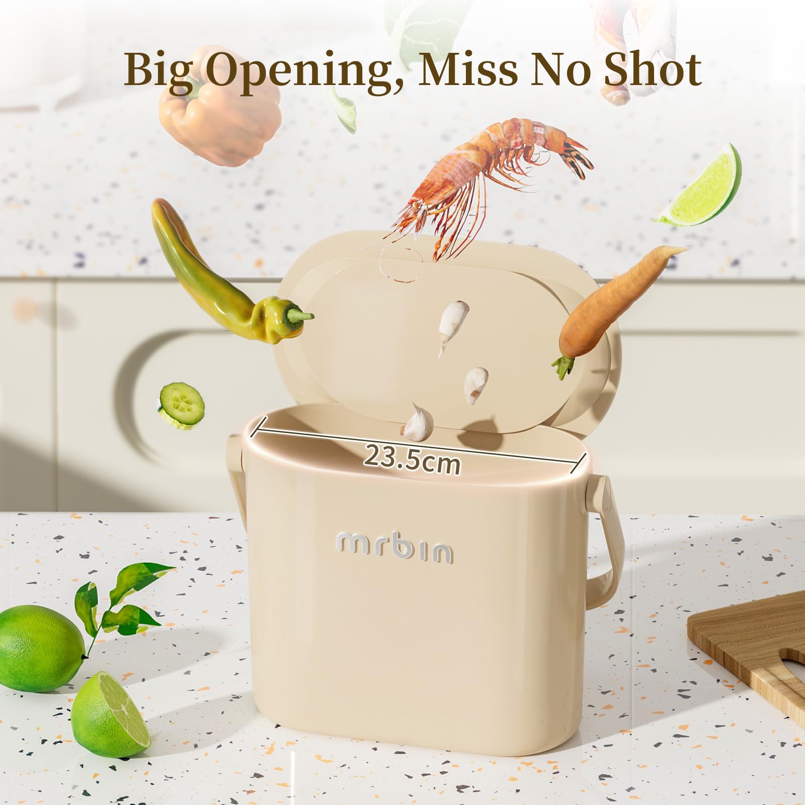 MRBIN Countertop Compost Bin Slim Kitchen Trash Can with Lid, Small Dustbin for Food Waste Recycle Indoor, White
