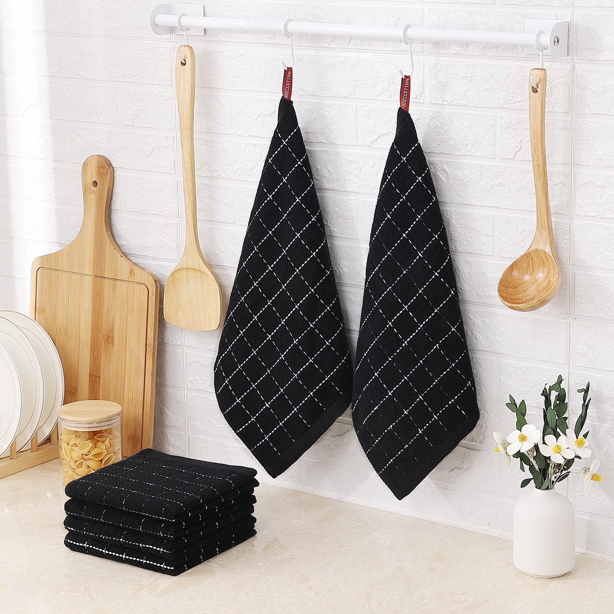 Homaxy Kitchen Towels and Dishcloths Set, 12 x 12 and 13 x 28 Inches, Set of 10 Bulk Cotton Terry Kitchen Towels Set, Checkered Designed, Soft and Super Absorbent Dish Towels, Black