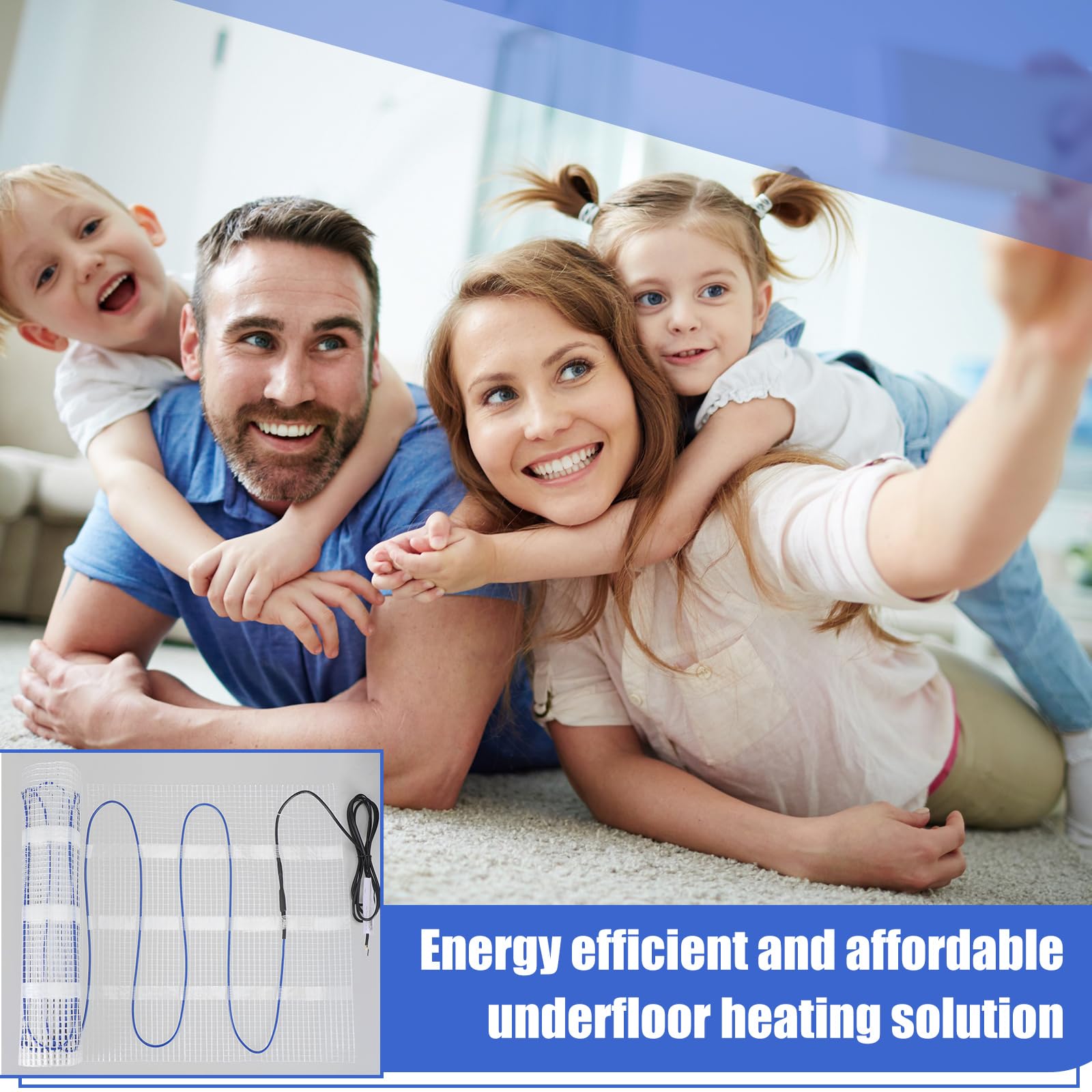 Electric Radiant Floor Heating System Kit for Under Tile and Laminate, Radiant Heated Floor Mat Self Adhesive, Floor Direct Mount Heating Mat Roll, Adjustable Tape (1 Amps, 10.8 Sqft)