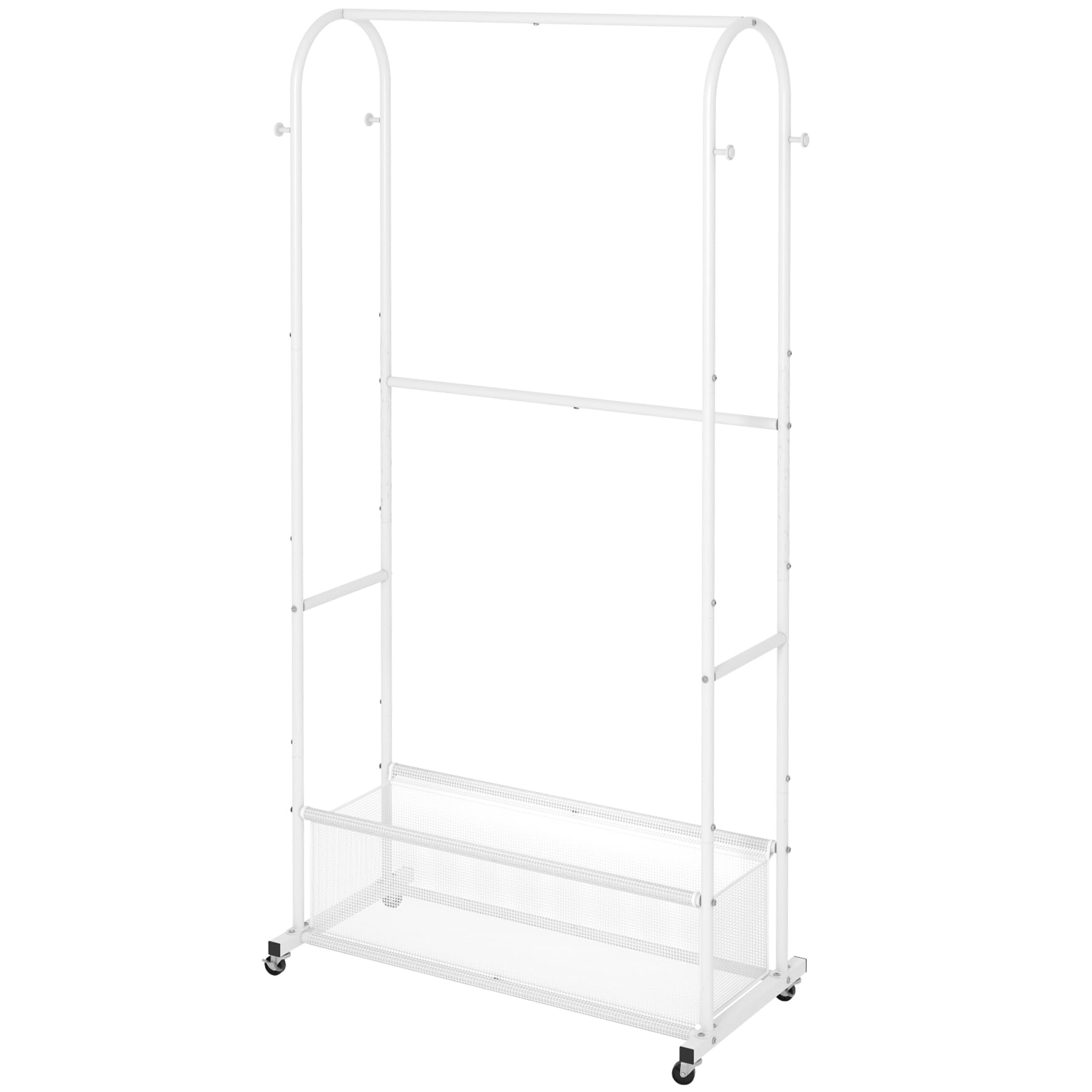 MOYIPIN Double Rods Clothing Rack with Wheels,Clothing Rack for Hanging Clothes Coat Scarves Bags,Multi-functional Bedroom Garment Rack,4 Hooks,White