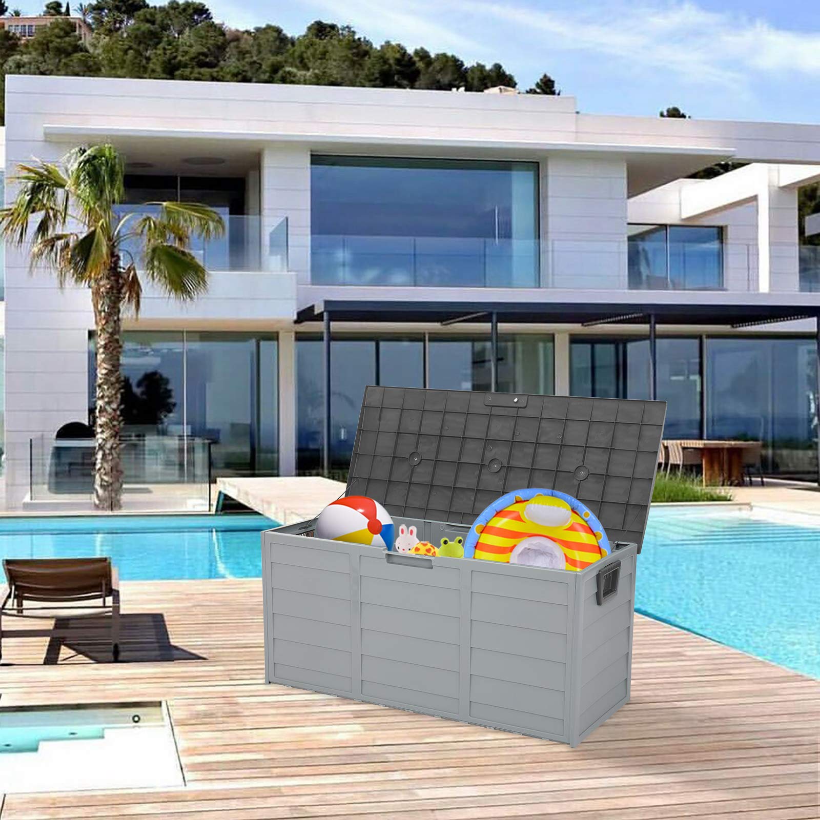 Kcelarec Plastic Deck Storage Container Box Outdoor Patio Furniture 75 Gal, Pools Yard Storage Tools w/Built-In Wheel (Grey)
