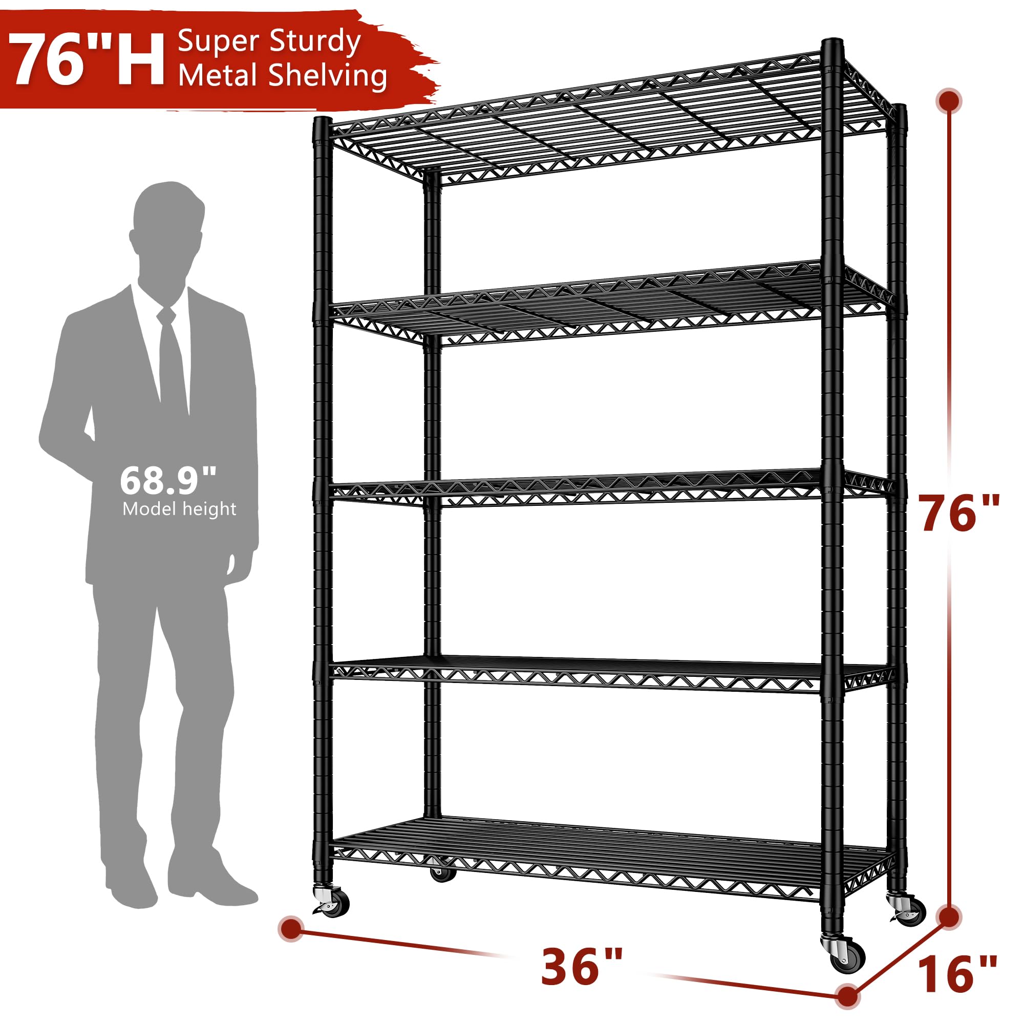 REIBII 72''W Wire Shelving Loads 2100LBS,5 Tier Metal Shelving with Adjustable Storage Shelves 36''W Garage Shelving Heavy Duty with Wheels Metal Shelves for Storage Rack 2PC,76''HX36''WX16''D