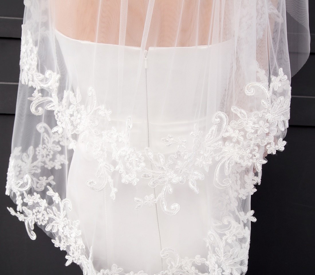 EllieHouse Women's Short 2 Tier Lace White Wedding Bridal Veil with Comb L24WT