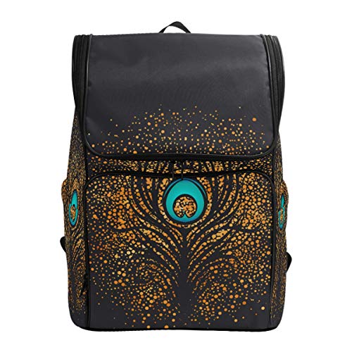 Naanle Stylish Beautiful Peacock Feather Gold Sparkling Pattern Casual Daypack College Students Multipurpose Backpack Large Travel Hiking Bags Computer Bag for Men Women