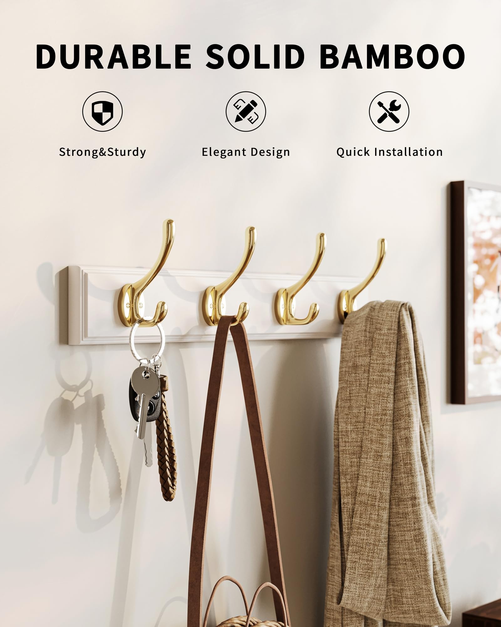 Seocry Coat Rack Wall Mount, 4 Pack 16.5 Inches Wall Hook Rack, White Coat Hanger Wall Mount with Gold Hooks for Backpack, Hat, Towel, Key, Door, Entryway(White Gold, 16.5 Inches)