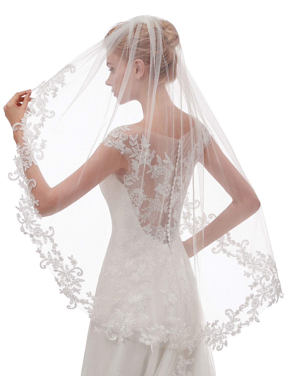 EllieHouse Womens Short Fingertip Length 1 Tier Lace Ivory Wedding Bridal Veil with Metal Comb L69IV