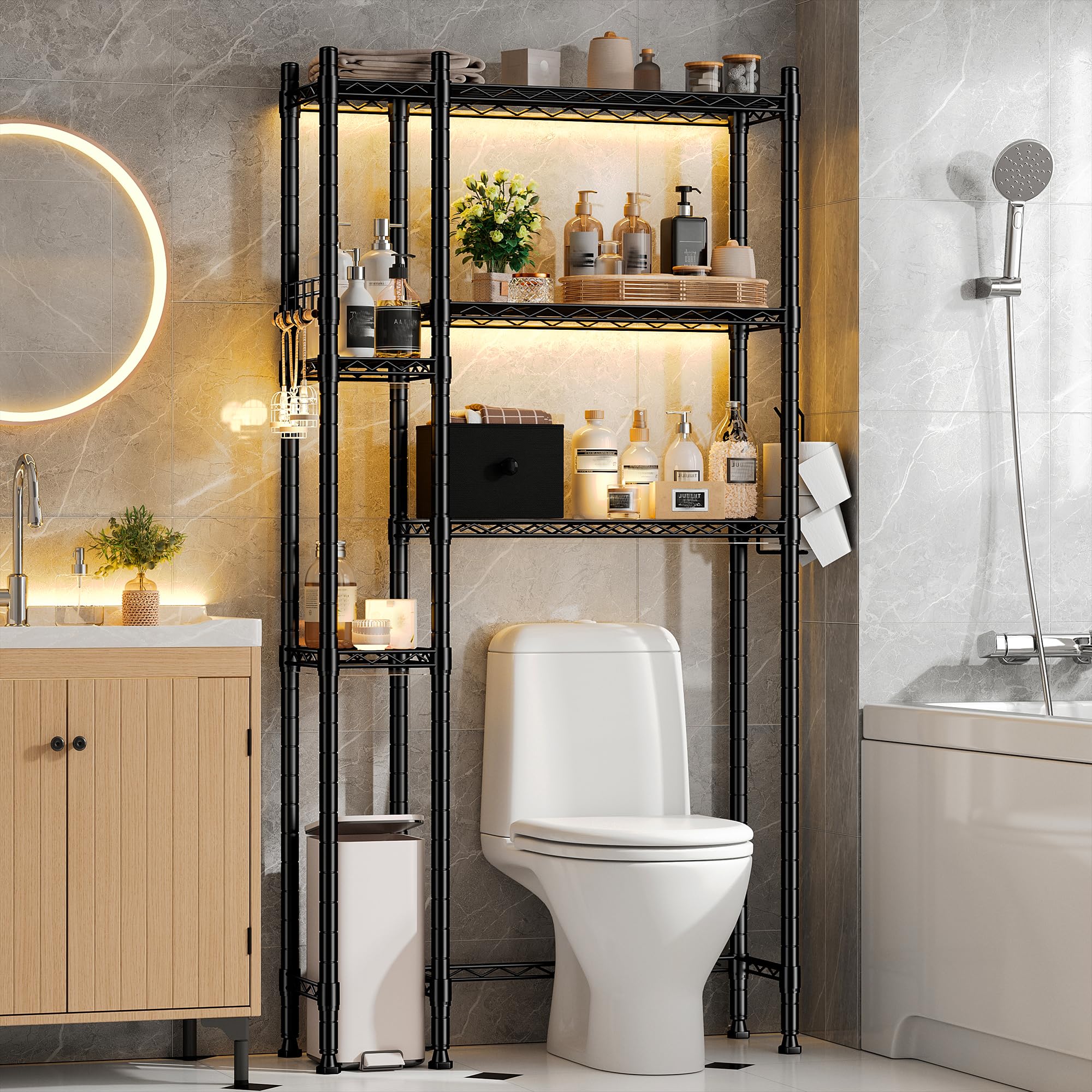 REIBII Over The Toilet Storage Cabinet, 6 Tier Over The Toilet Shelf with Adjustable Feet, Bathroom Over Toilet Storage with 4 Hooks & 2 Paper Holders, Black