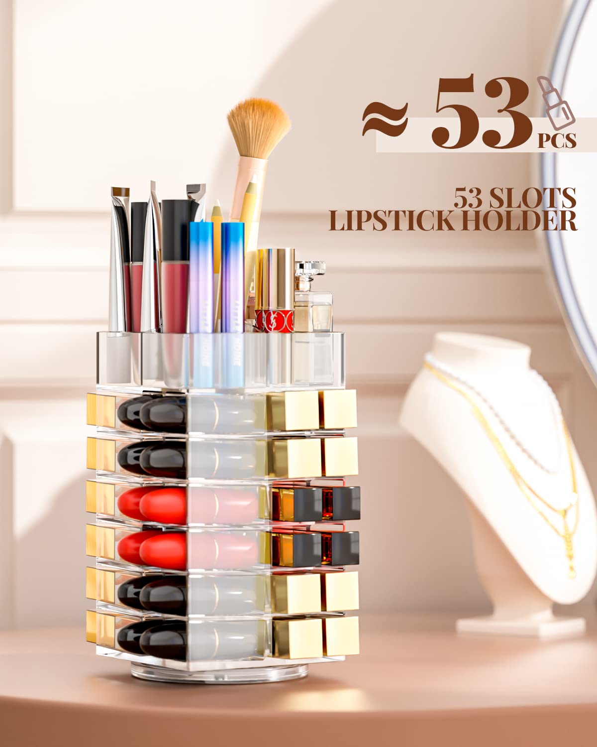 lexvss Lipstick Holder Organizer, 53 Slots Lip Gloss Storage Organizer, Rotating Cosmetic Lipsticks Display Stand Tower for Vanity Countertop Makeup Dresser Counter
