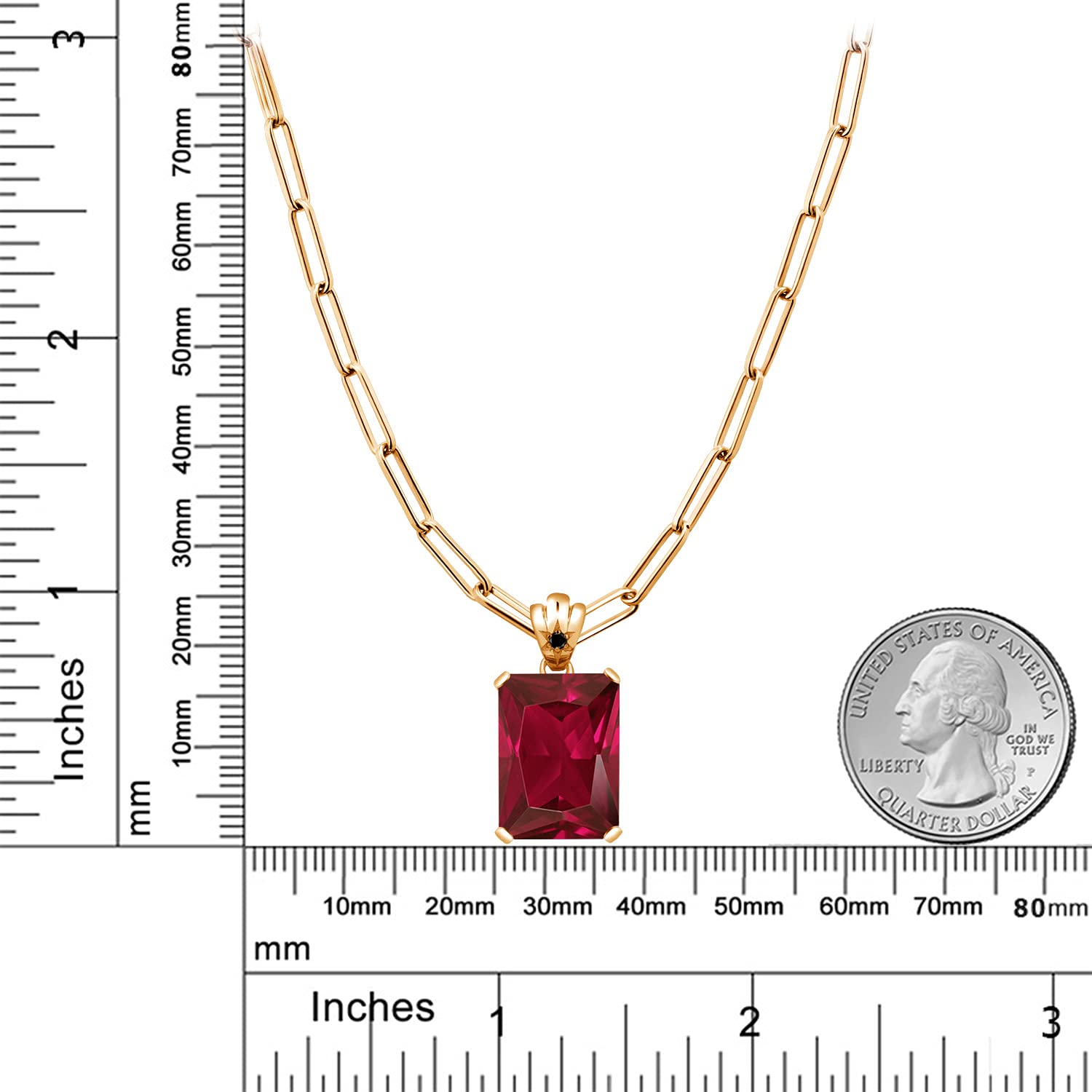 Gem Stone King 20.03 Ct Red Created Ruby Black Diamond 18K Yellow Gold Plated Silver Pendant with 3.25mm Paperclip Link Chain 18 inch with 2 inch Extender
