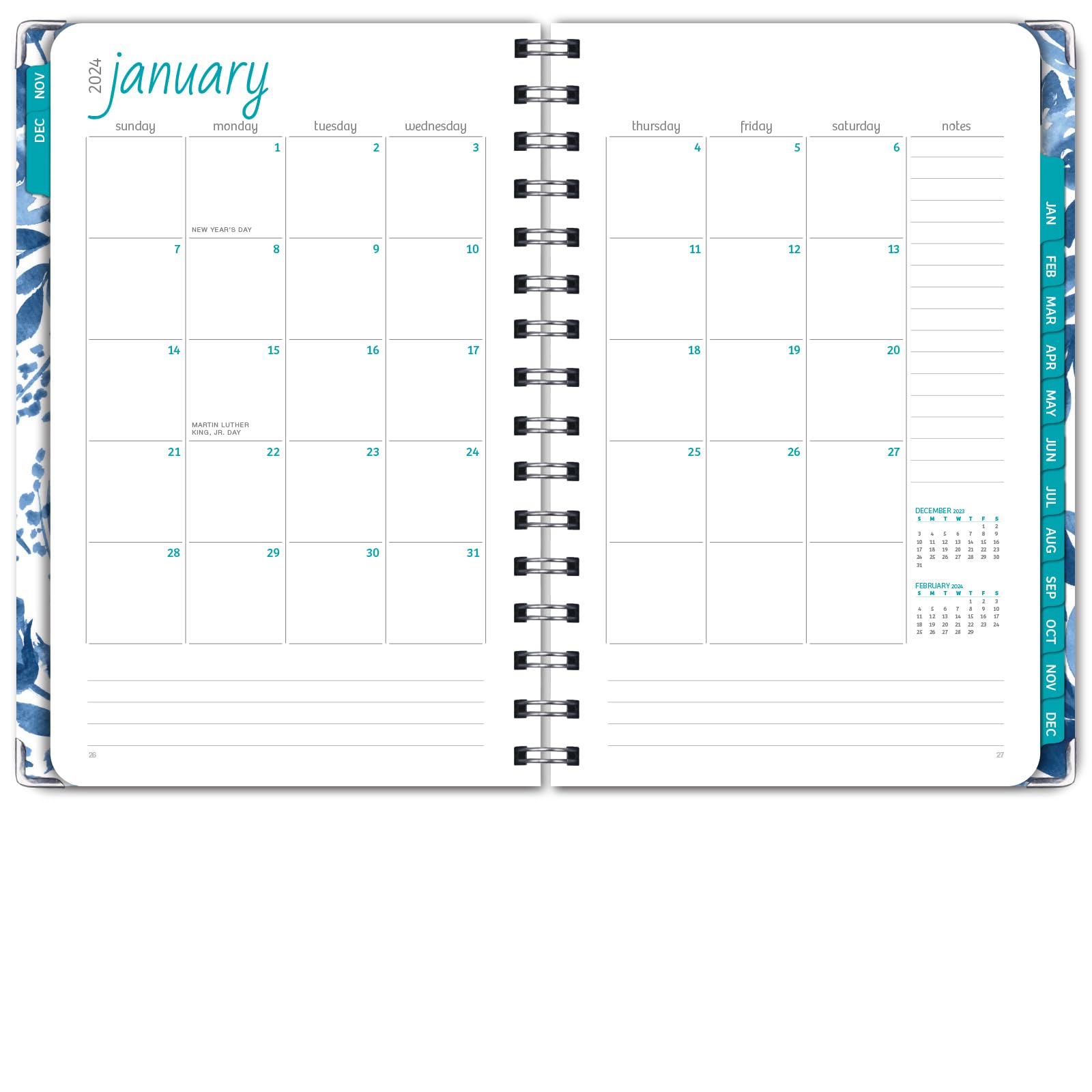 Global Printed Products HARDCOVER 2024 Planner: (November 2023 Through December 2024) 5.5"x8" Daily Weekly Monthly Planner Yearly Agenda Bookmark, Pocket Folder & Sticky Note Set (Blue Bloom)