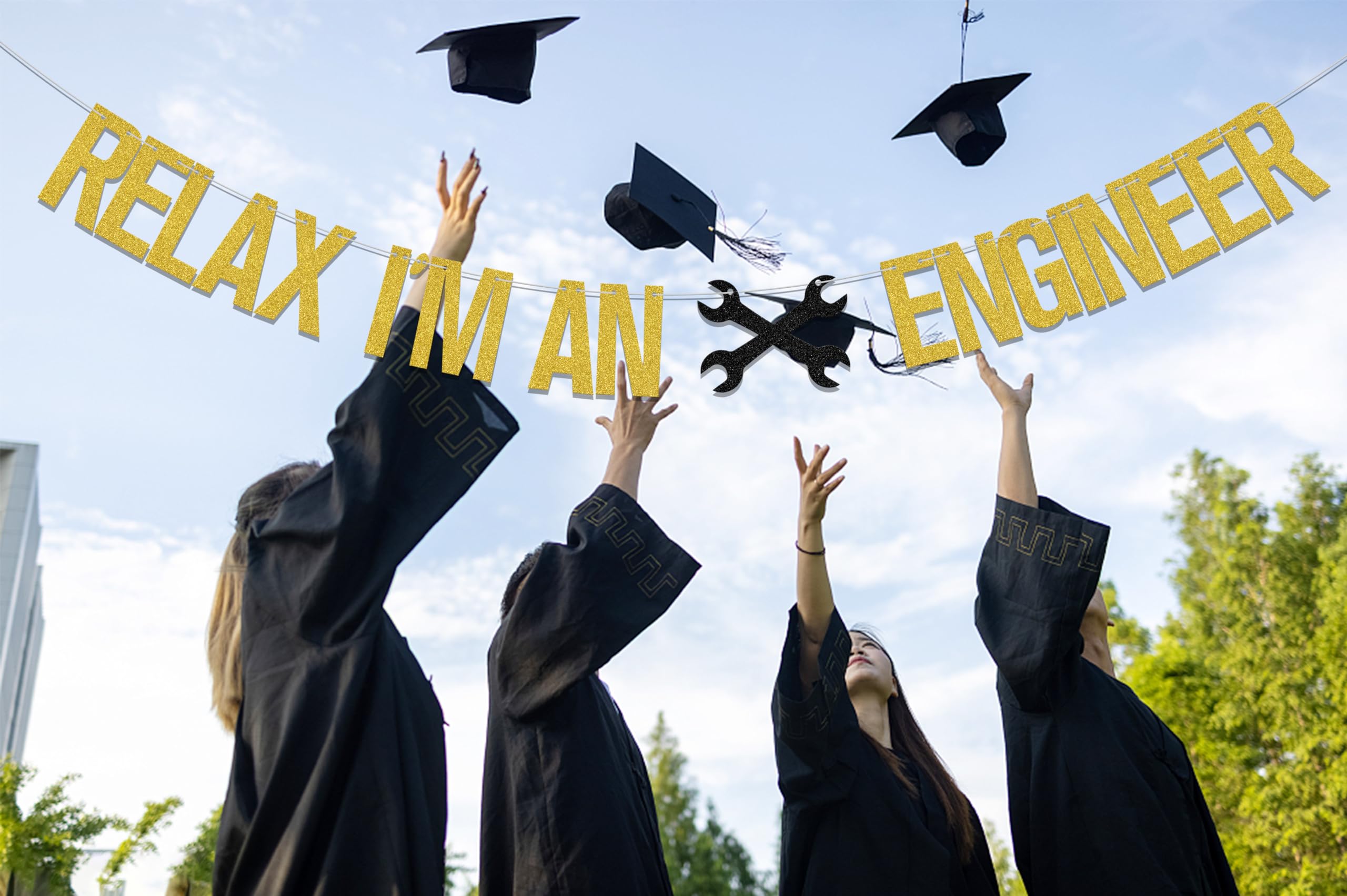 Relax I'm An Engineer Banner, Engineer Graduation Banner, Congrats Engineer Graduation Party Decorations, 2024 Engineer Degree Graduation Party Decor Supplies Gold Glitter