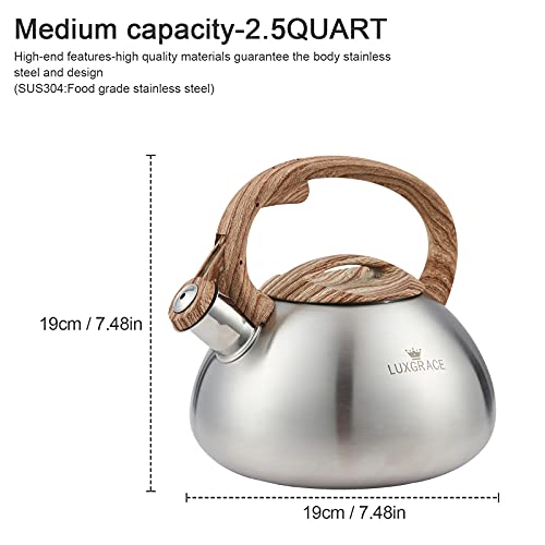Teapot Whistling Tea Kettle with Wood Pattern Handle Loud Whistle,Food Grade Stainless Steel Tea Pot for Stovetops Water Kettle(Silver-RW)