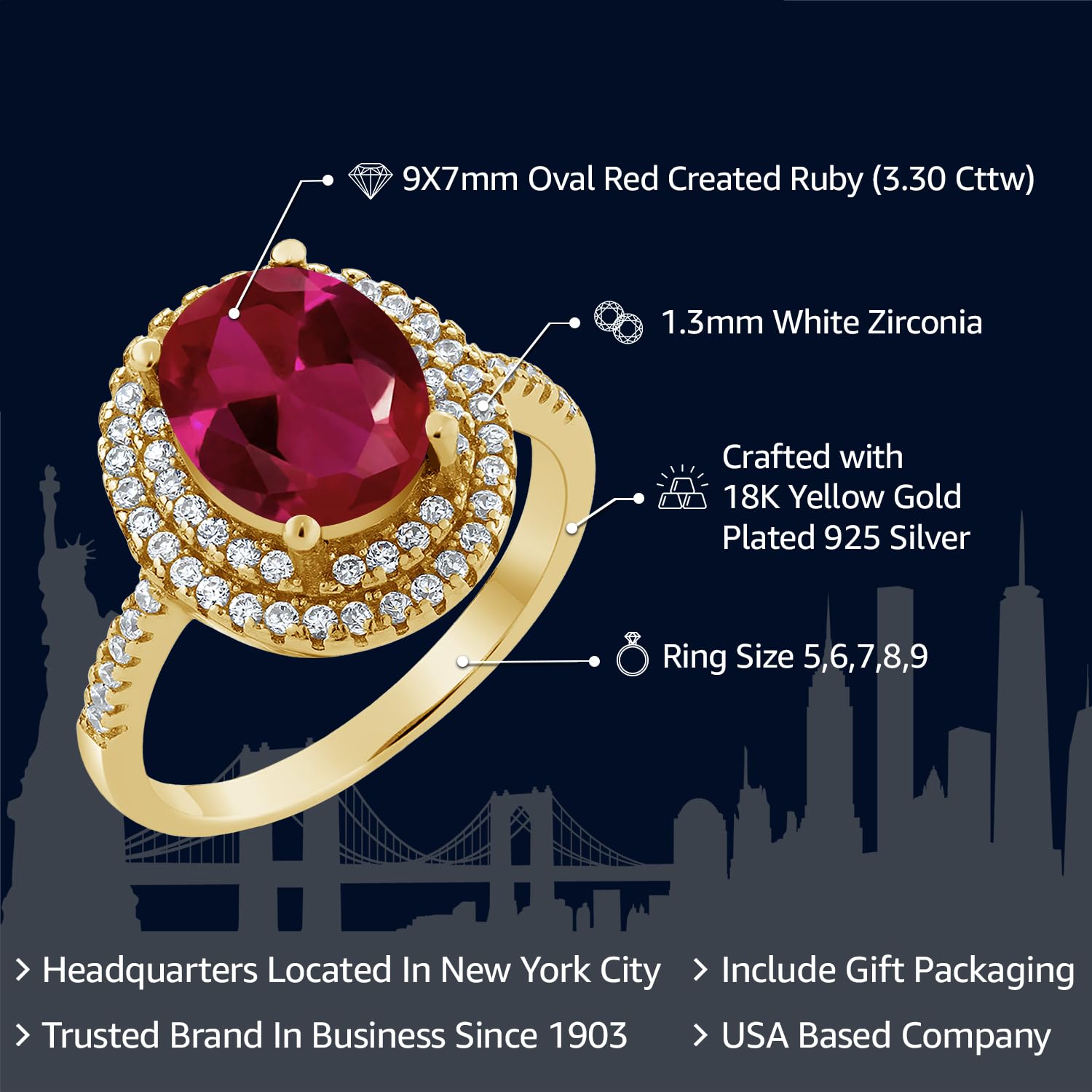 Gem Stone King 18K Yellow Gold Plated Silver Red Created Ruby Ring For Women (3.30 Cttw, Oval 9X7MM, Available in size 5, 6, 7, 8, 9)