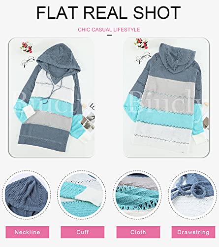 SHEWIN Womens Striped Color Block Lightweight Knit Sweater Hoodies Casual Long Sleeve V Neck Drawstring Pullover Sweatshirts Fall Sweaters for Women 2023,US 12-14(L),Sky Blue