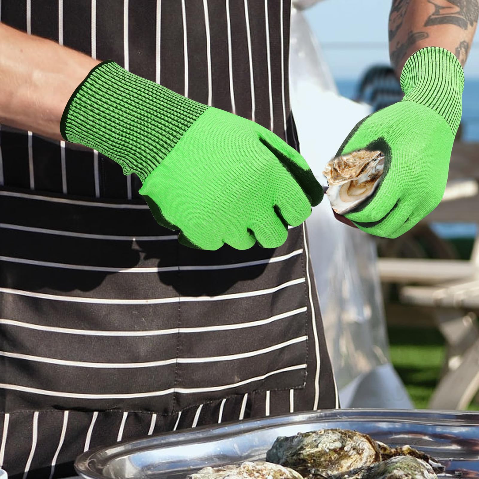 Palksky Oyster Shucking Gloves, Oyster Shucker Tool Protectors Handguard, Oyster Opener Machine Kit, Easy to Use Oyster Holders Seafood Tool (Green-Black