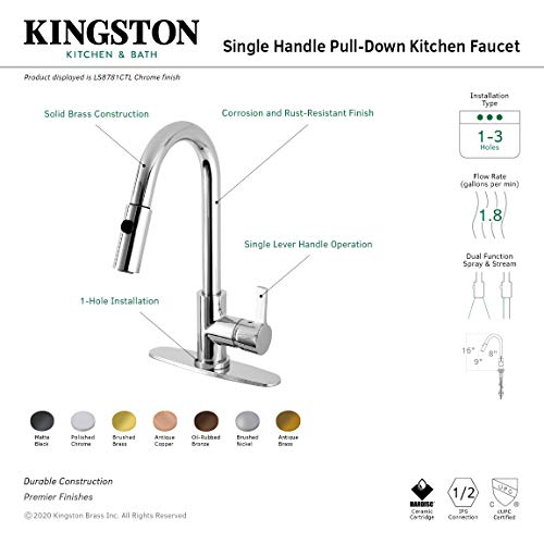 Kingston Brass LS8783CTL Continental Pull-Down Sprayer Kitchen Faucet, Brushed Brass