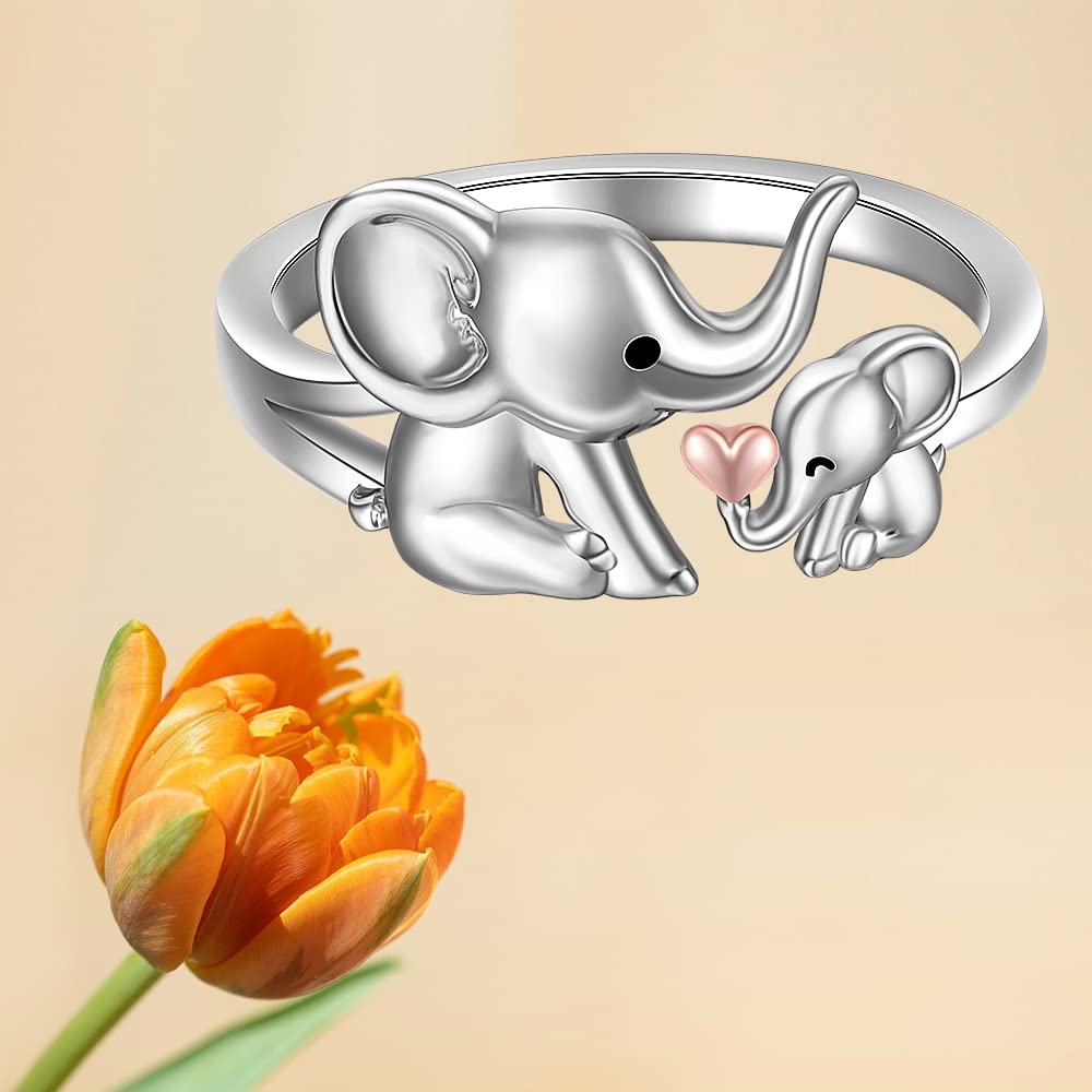 Fenthring Sterling Silver Elephant Ring Mama Elephant Rings Rose Gold Plated Heart Family 2 Elephants Gift Size 9