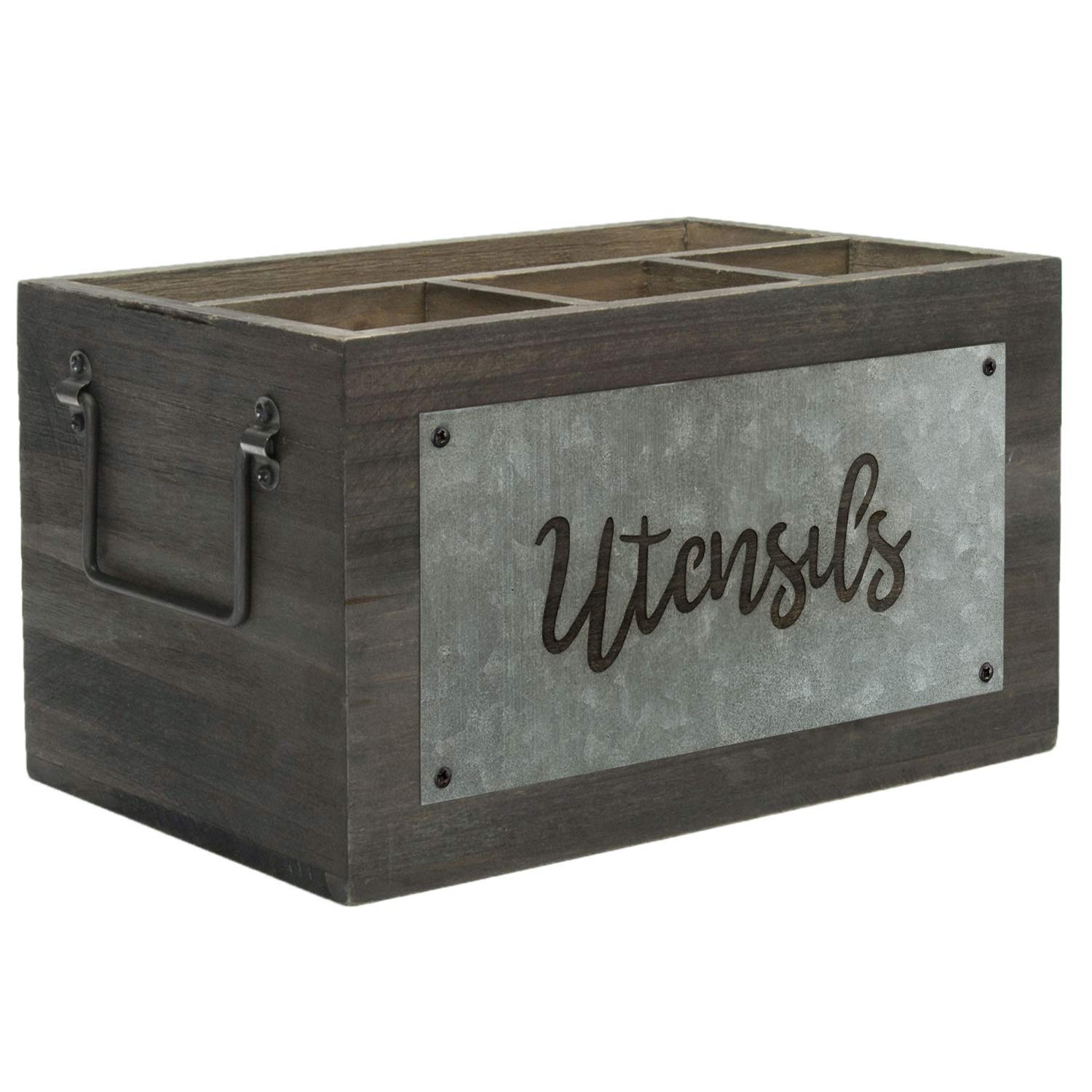 MyGift 4 Compartments Vintage Gray Wood Flatware Organizer and Napkin Holder Caddy with Rustic Metal Handles and UTENSILS Design Galvanized Panel for Kitchen Counter, Dining Room Table, Buffet Server