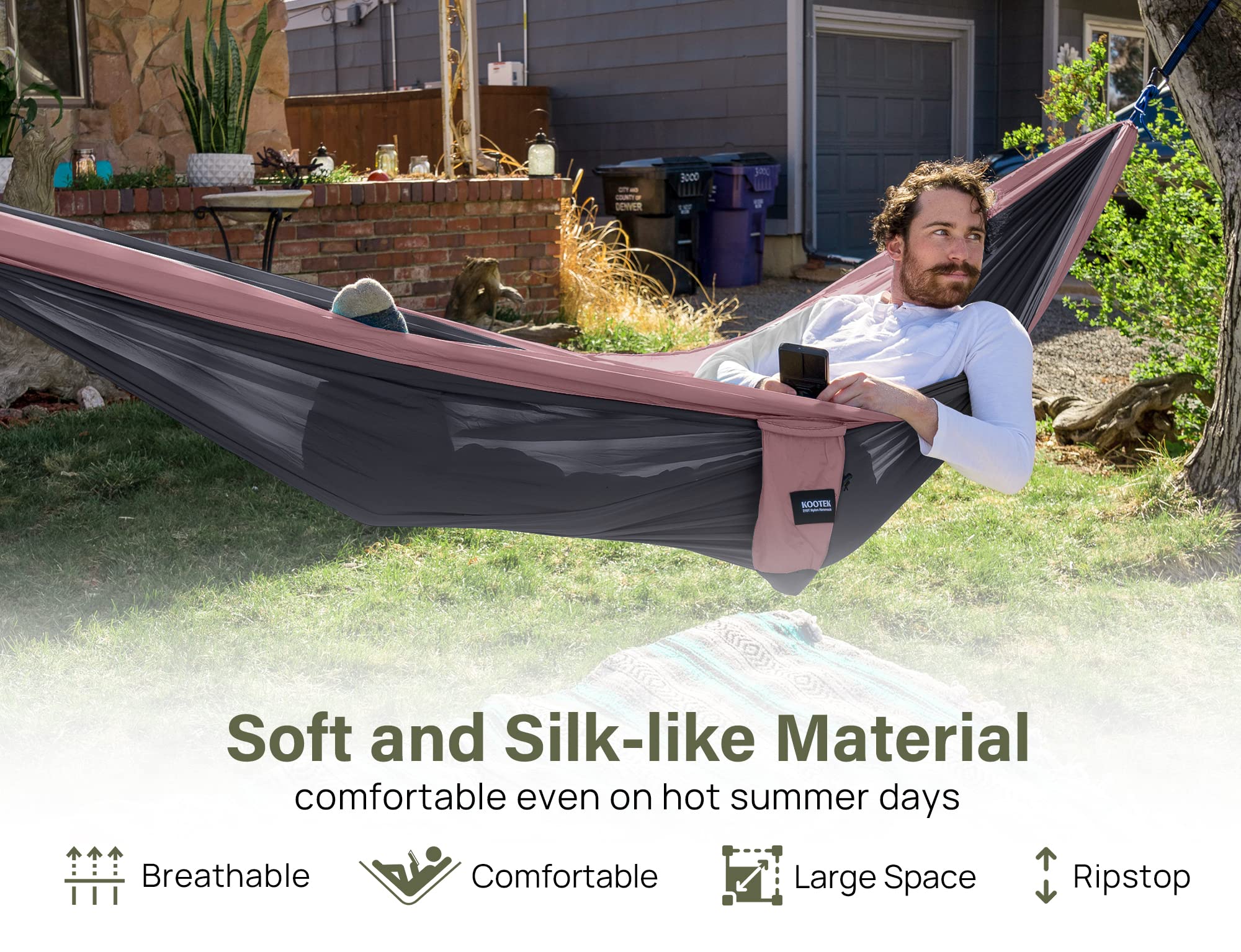 Kootek Camping Hammock Single Portable Hammocks Camping Accessories for Outdoor, Indoor, Backpacking, Travel, Beach, Backyard, Patio, Hiking, Charcoal Rose