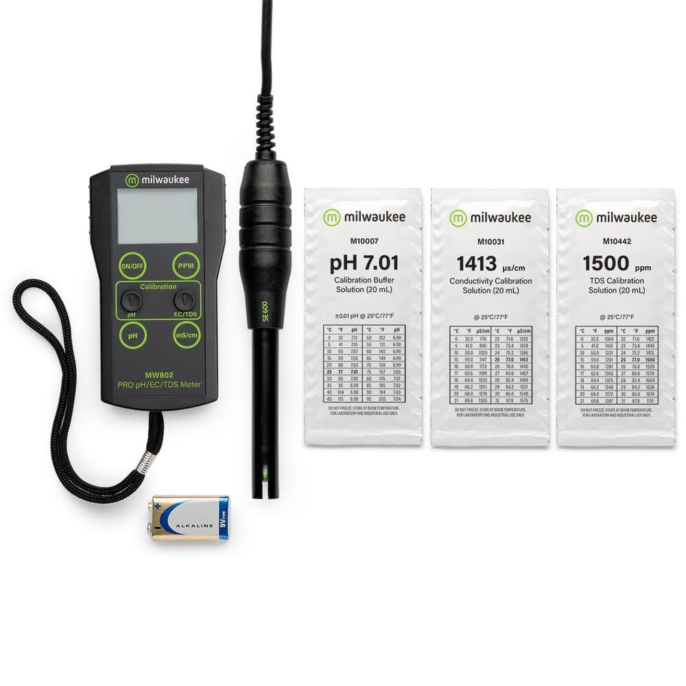 Milwaukee MW802 LED Economy Portable pH/EC/TDS Meter with 1 Point Manual Calibration, 0.0 to 14.0 pH, +/-0.1 pH Accuracy, +/-0.2 pH Resolution