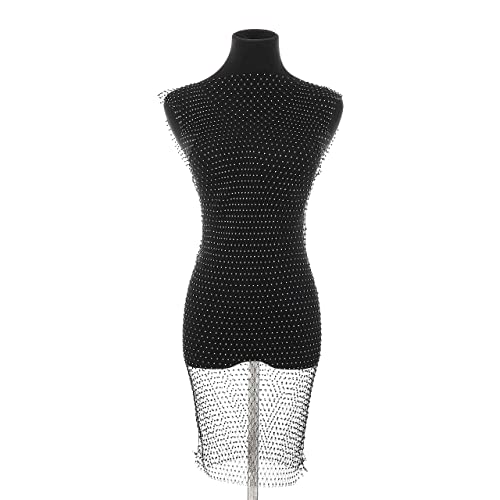 Graeen Rhinestone Mesh Body Chain Crystal Mesh Dress Fishnet Hollow Out Dress Sparkly See Through Coverups for Women (Black)