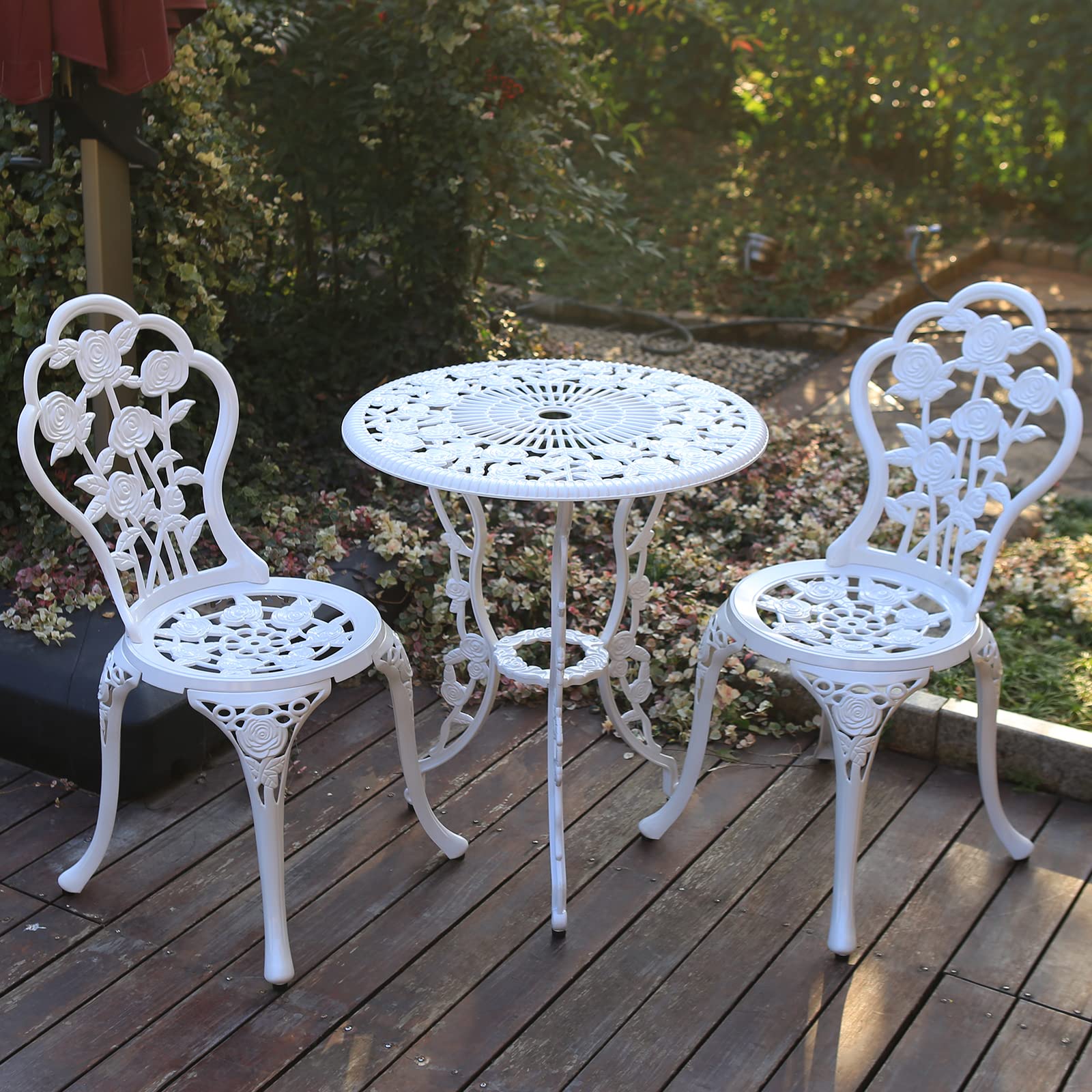 JARDIN DE CENTENNIAL Patio Bistro Set.Rust-Resistant Cast Aluminum Bistro Table Set with Umbrella Hole for Backyard (Rose White)