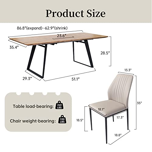 ZckyCine Modern mid-Century Dining Table Dining Table and Chairs for 6 Rectangular Wooden Dining Table Extendable Dining Table Space-Saving Multifunctional Dining Table (Table+6 Beige Chairs)