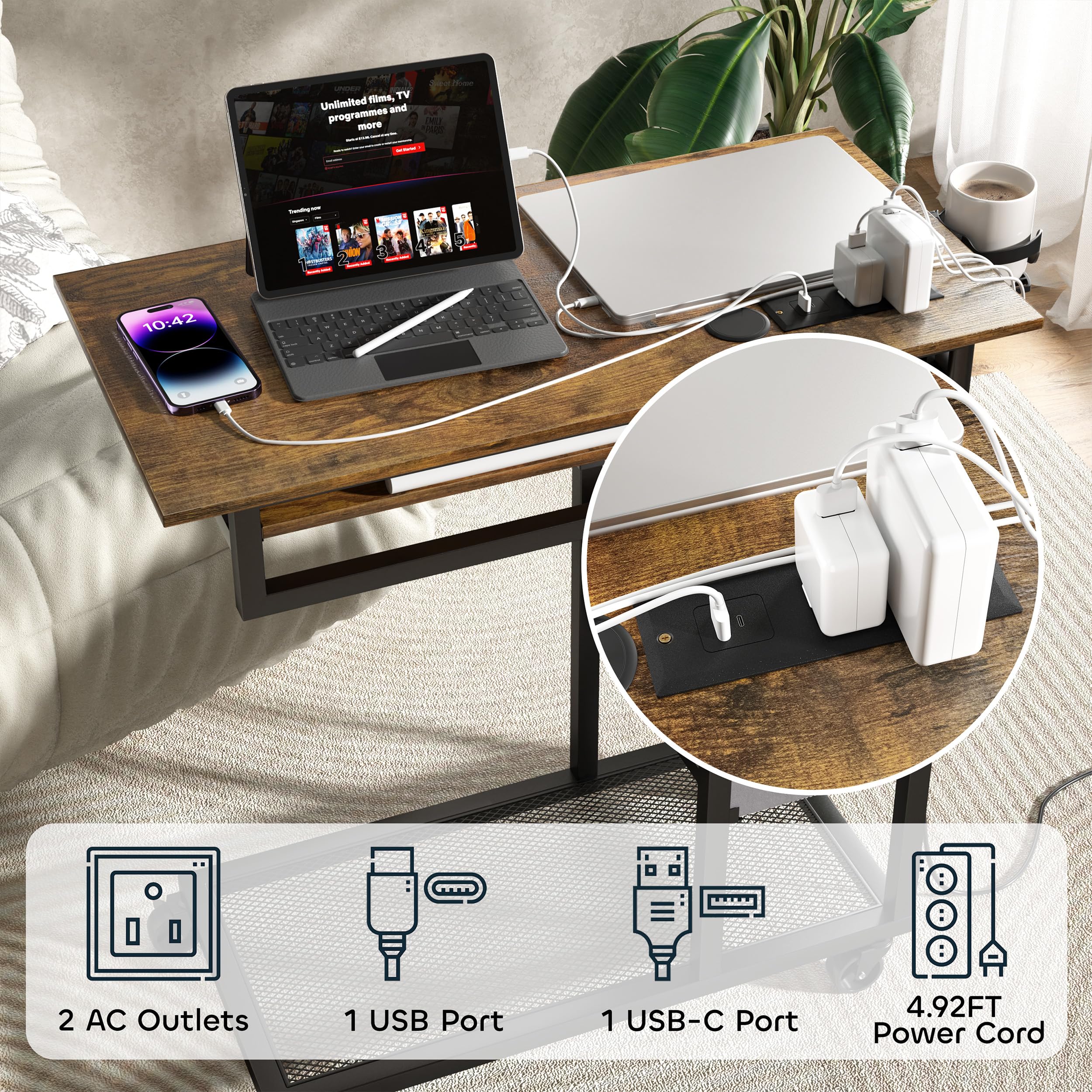 Oransail Height Adjustable C Table with Charging Station, Mobile Laptop C Shaped End Table, Couch Desk with Wheels, Couch Side Table with Storage Drawer for Living Room Bedroom