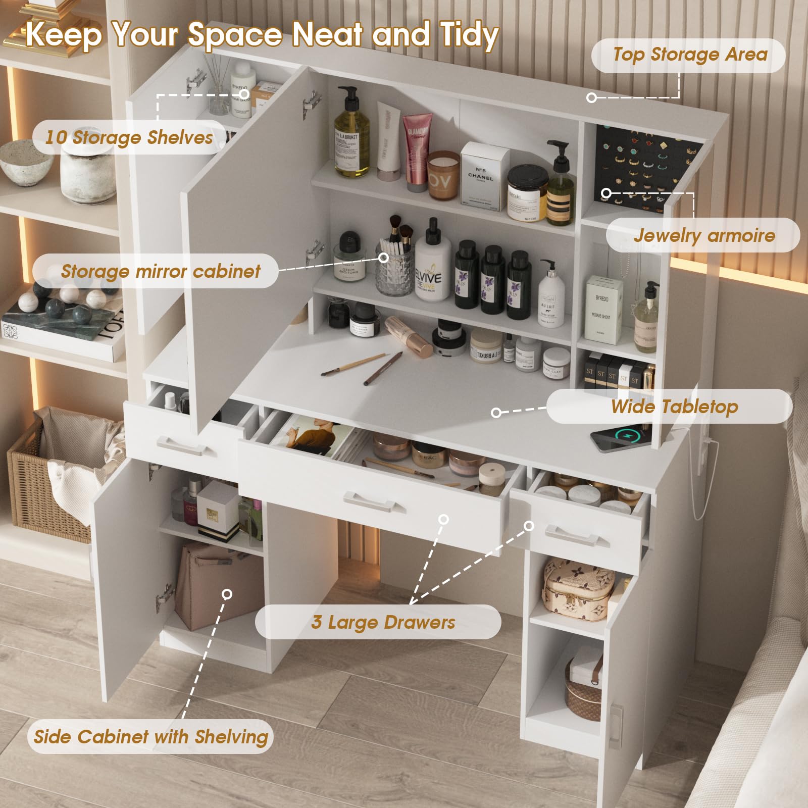 Vabches Vanity Desk with 3 Opening Mirrors and LED Lights, Makeup Vanity Table with 10 Storage Shelves, 3 Large Drawers and 2 Cabinets, 45.3" Dressing Table with Jewelry Armoire & Power Outlet, White