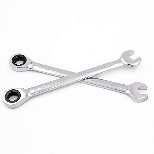 KINJOEK 2 PCS 10mm 12PT Ratchet Wrench, Metric Ratcheting Wrench Set with 5° Movement and 72 Teeth for Projects with Tight Space