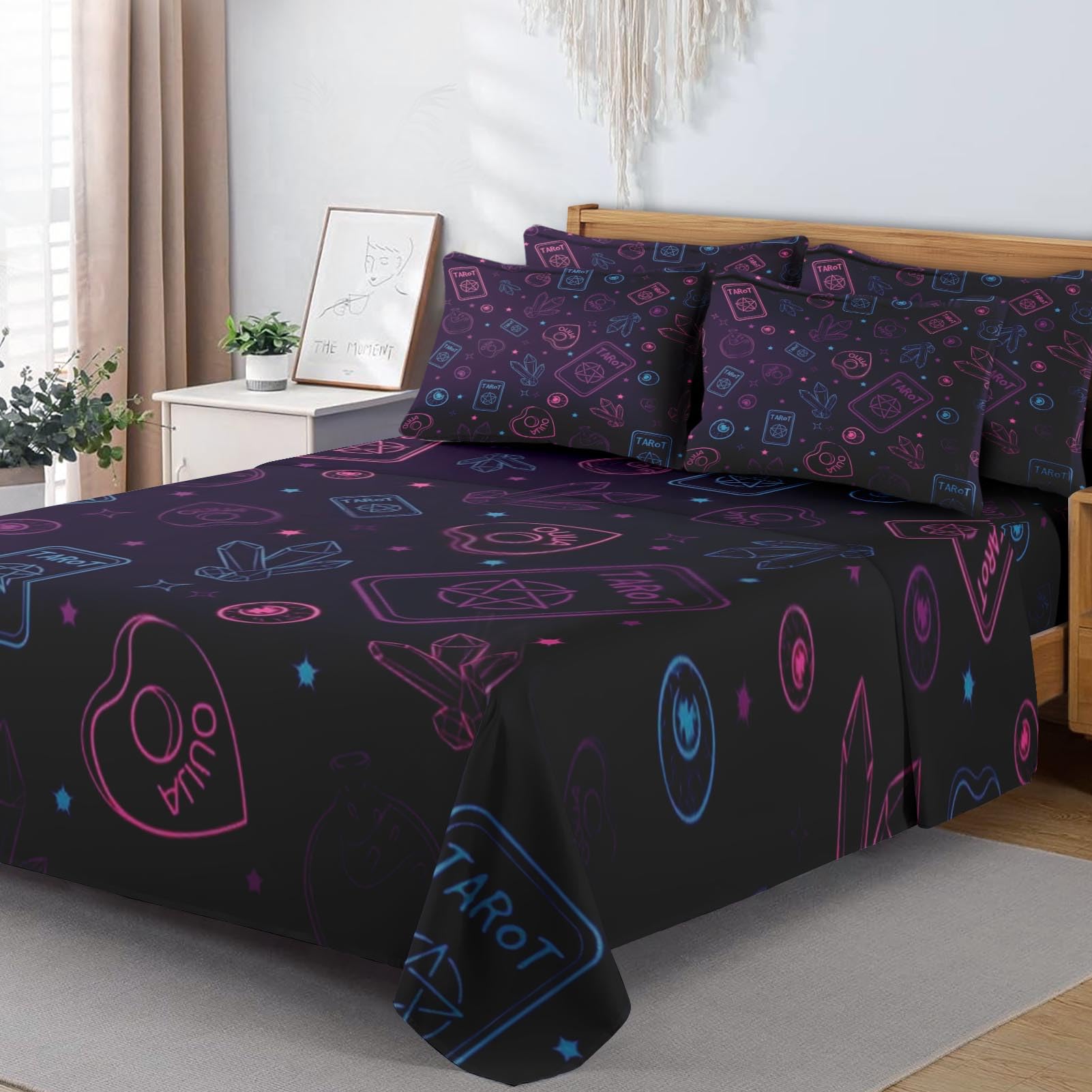 Pinbeam 7 Pcs Comforter Set Queen Size, Witchy Purple Blue Bed in a Bag with Flat Sheet and Fitted Sheet for Kids and Adults, Tarot Board Bedding Set with Pillowcase & Sham