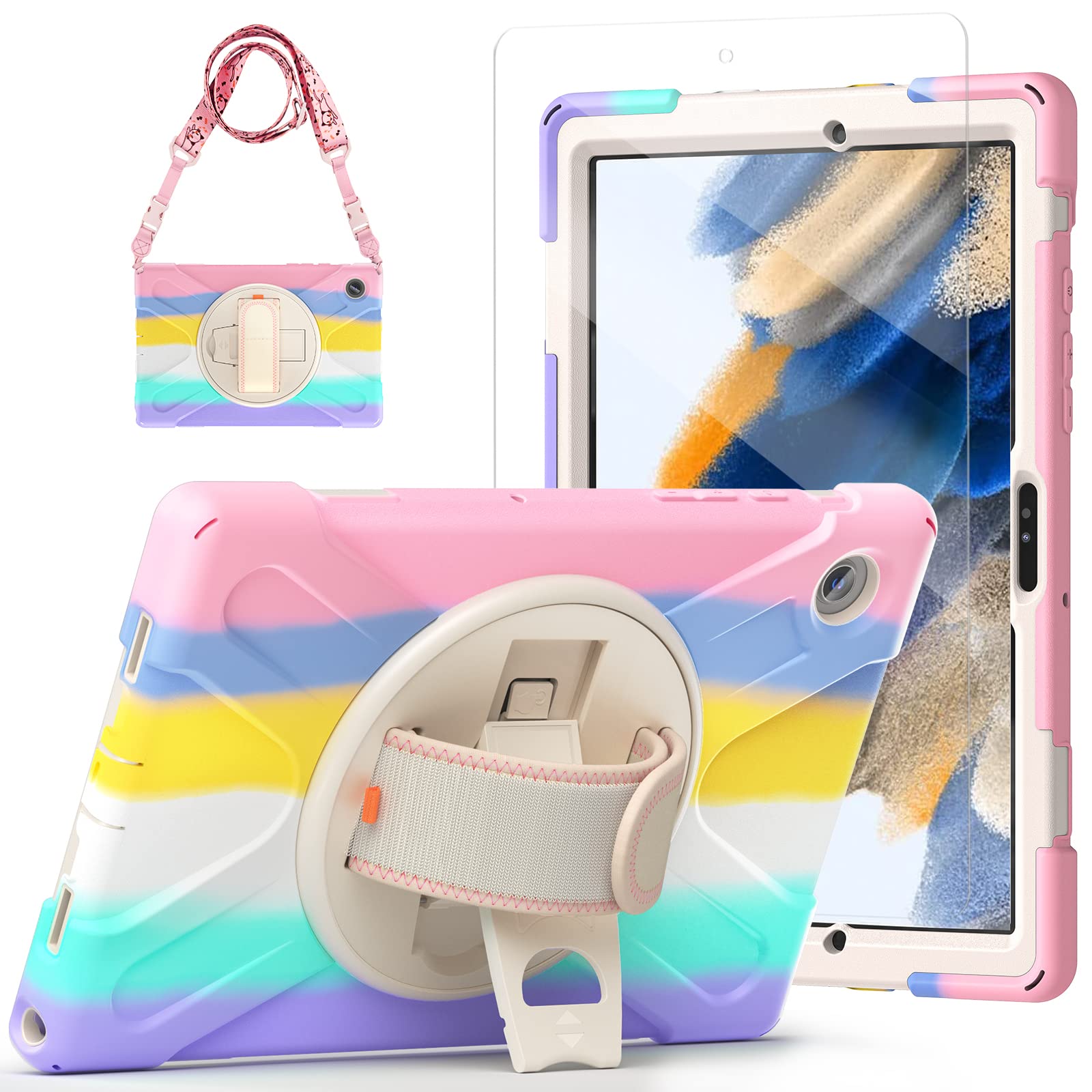 TSQQST Case for Samsung Galaxy Tab A8 10.5" 2022 for Kids Girls with Screen Protector Stand&Hand Strap | Rugged Protective Case for Samsung A8 Tablet SM-X200/X205/X207-Rainbow Pink