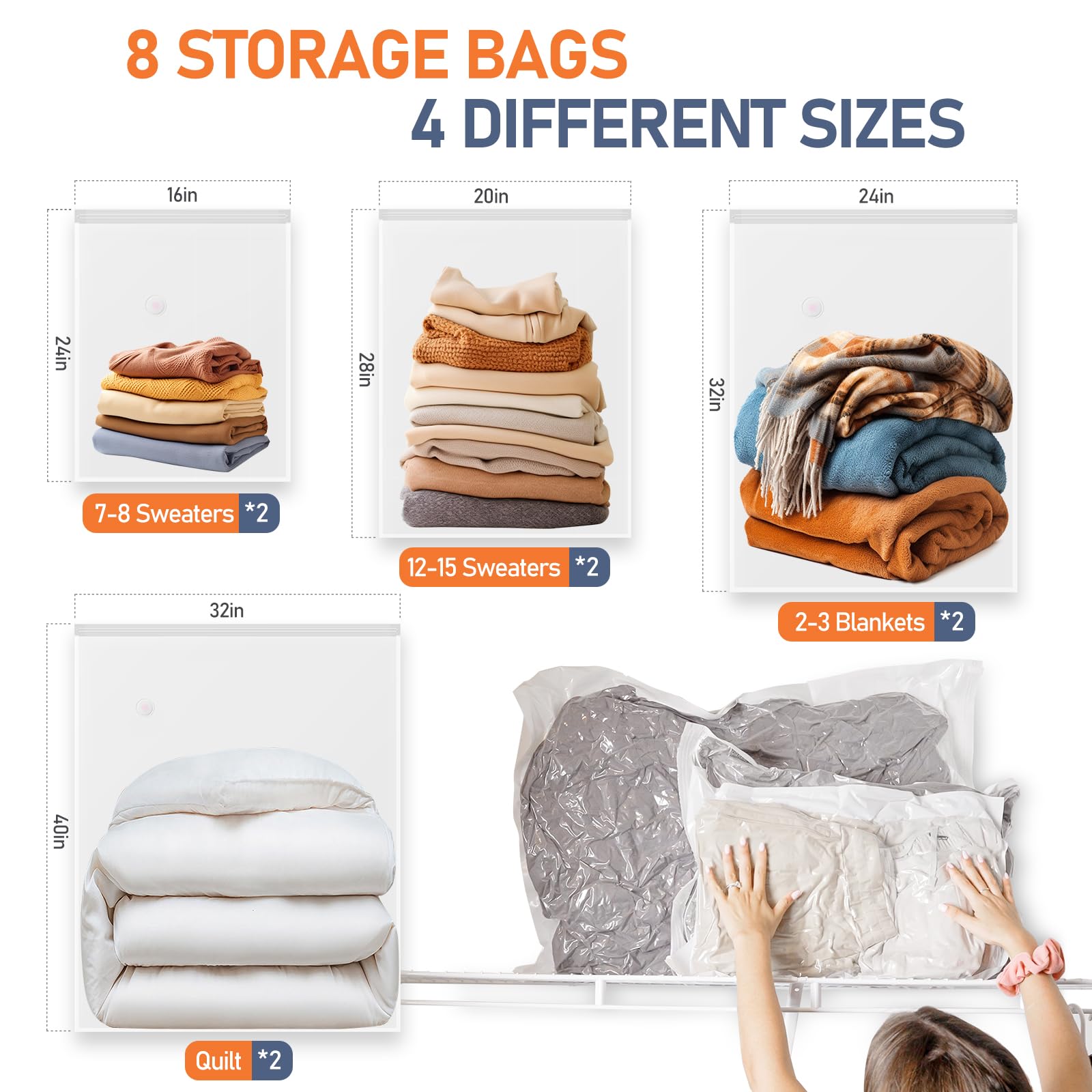 Vacbird Vacuum Storage Bags with Electric Pump, 8 Pack Space Saver Bag (2 Jumbo, 2 Large, 2 Medium, 2 Small) Compression for Clothing, Comforters, Blankets, Duvets, Pillows, Sealer Clothes Storage