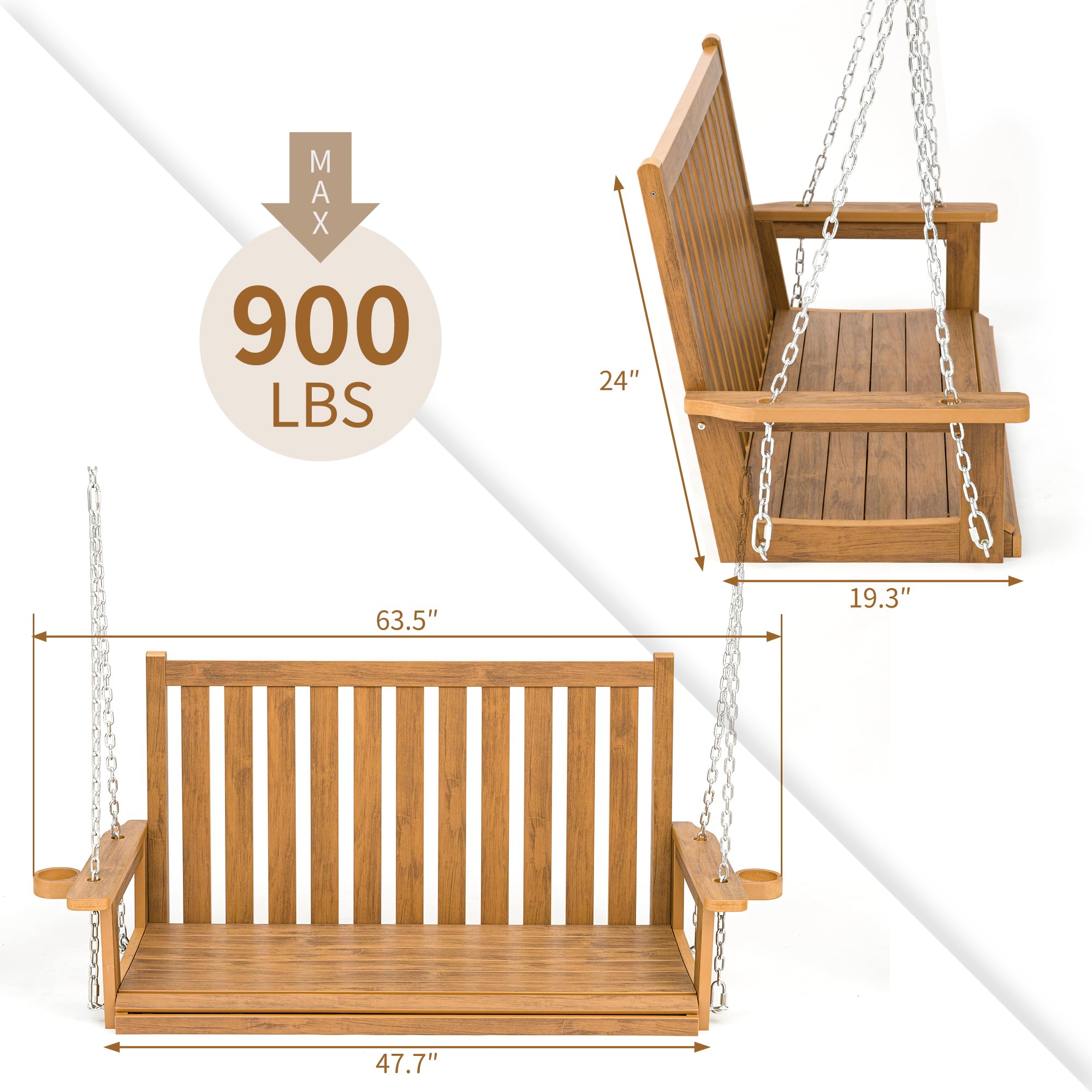 Poly Lumber Porch Swing with Cup Holders, 18/8 Stainless Steel Hanging Chains and Hardware, High Backrest and Deep Contoured Seat, Heavy Duty 900 LBS, All-Weather Resistant Bench Swing (Brown)