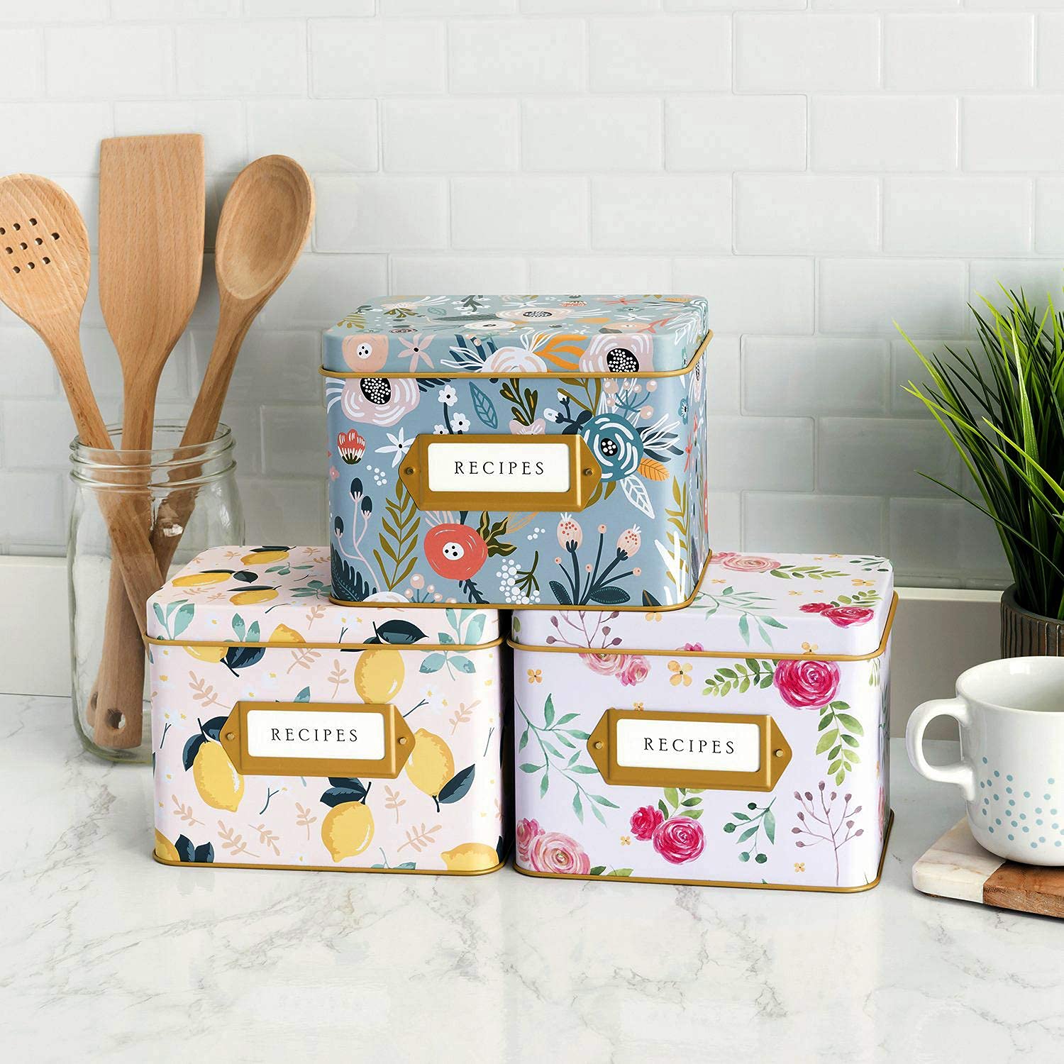 Jot & Mark Decorative Recipe Tin Box for Recipe Cards, Greeting Card Holder | Holds Hundreds of 4” x 6” Cards (Pink Peonies)