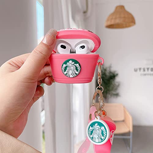 ZBDLXMD Compatible with AirPods 3rd Generation,(2021 Release) Cute 3D Cartoon Kawaii Funny Fun case,Designed with Drink Cup Keychain for Apple AirPods 3 Charging Case(Pink Coffee Cup)