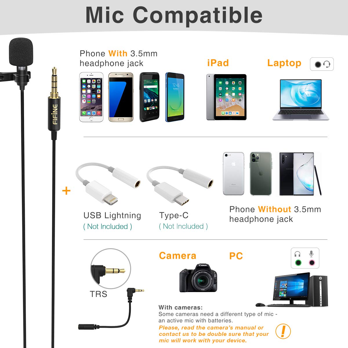 Fifine Lavalier Lapel Microphone, 3.5mm Clip On Mic for YouTube Video Recording Vlog, External Mic for iPhone iPad Android Cell Phone DSLR PC Laptop Mac Computer, Noise Reduction-C1