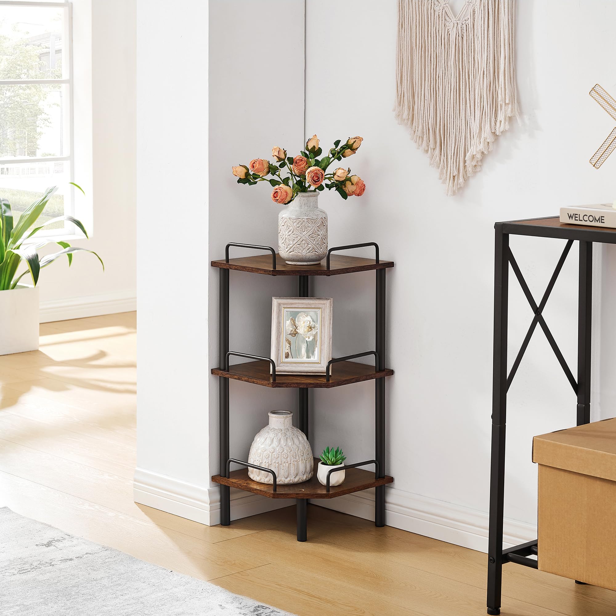 Tajsoon Corner Shelf Stand, 3 Tier Industrial Corner Shelves, Multipurpose Standing Display Shelf, Corner Shelving Unit for Bedroom, Living Room, Office, Kitchen, Rustic Brown