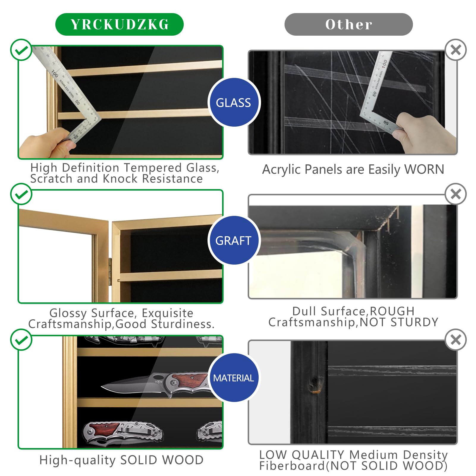 Pocket Knife Display Case,6 Rows Knife Display Case with HD Toughened Glass,Military Folding Knife Shadow Box Wall Cabinet - Knife Cases for Collections with Removable 2 Grooves Shelves, Black